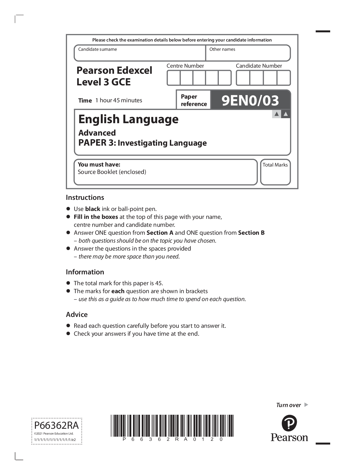 Pearson Edexcel Level 3 GCE Candidate surname Other names You must have ...