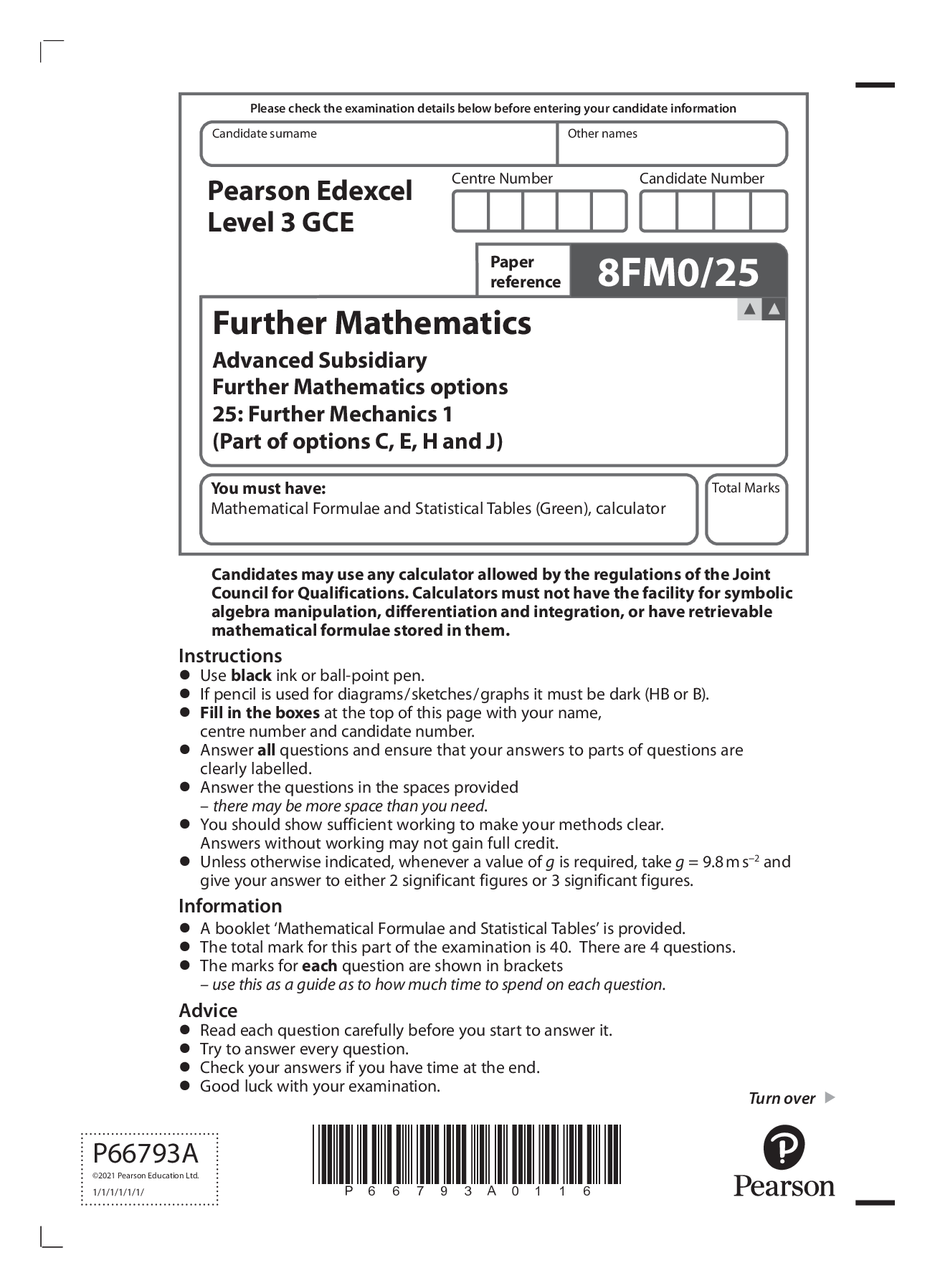 Pearson Edexcel GCE In AS Further Mathematics (8FM0) Paper 25 Further ...