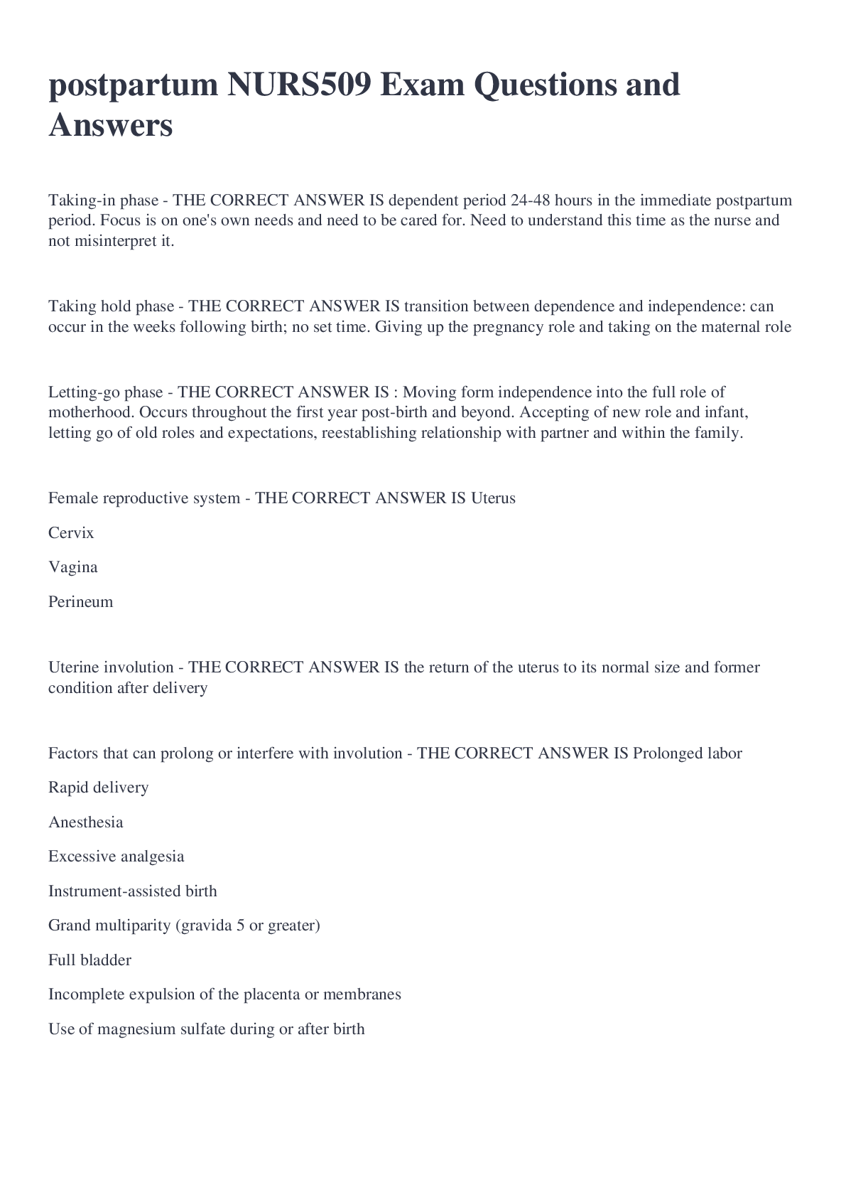 postpartum NURS509 Exam Questions and Answers - Scholarfriends