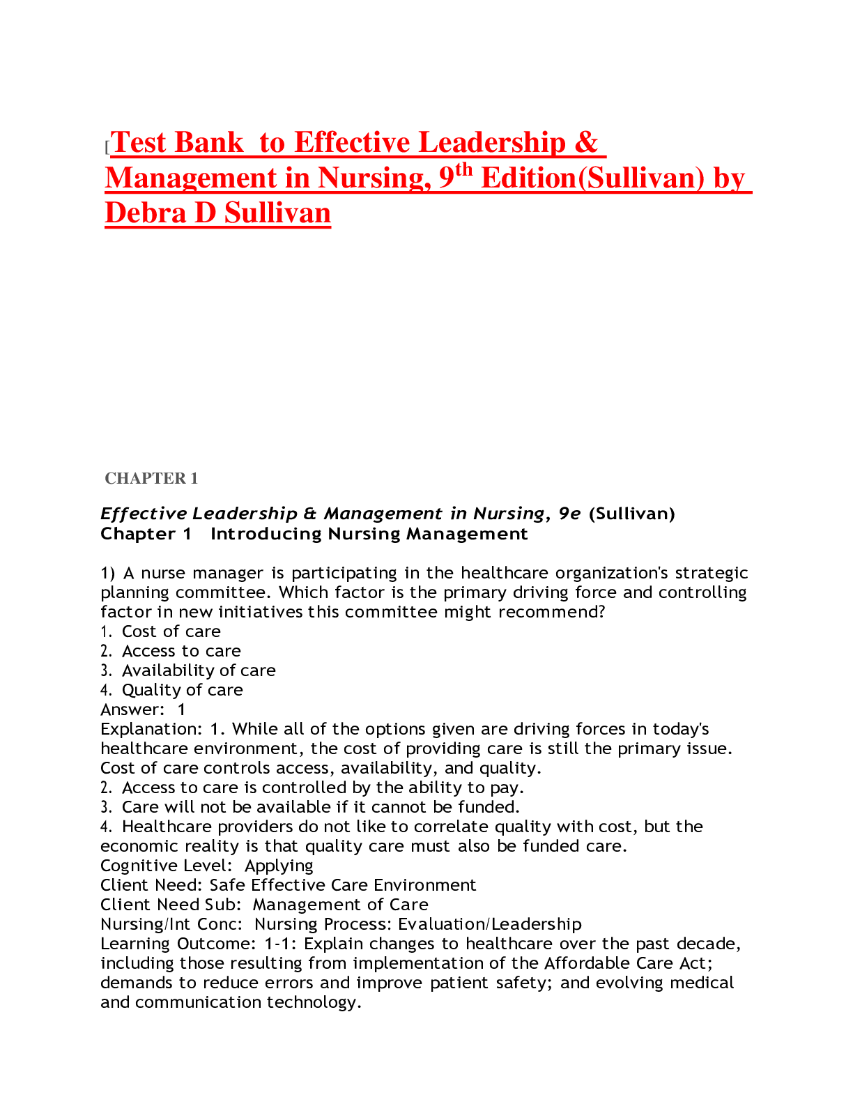 Test Bank to Effective Leadership & Management in Nursing, 9th Edition ...