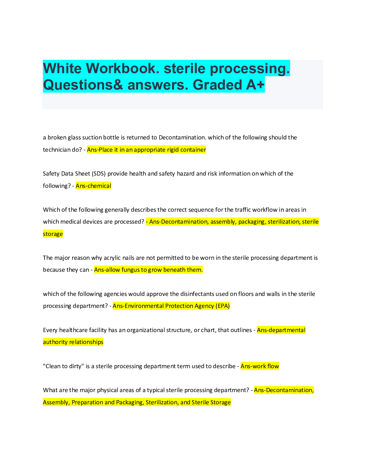 White Workbook. sterile processing. Questions& answers. Graded A+ ...