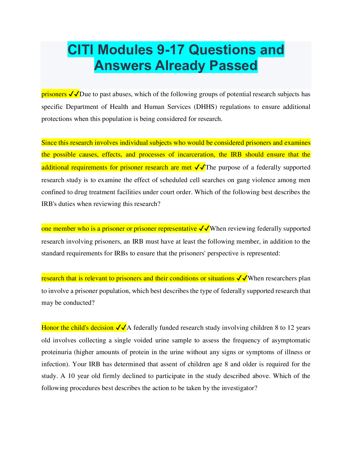CITI Modules 9-17 Questions and Answers Already Passed – Scholarfriends ...