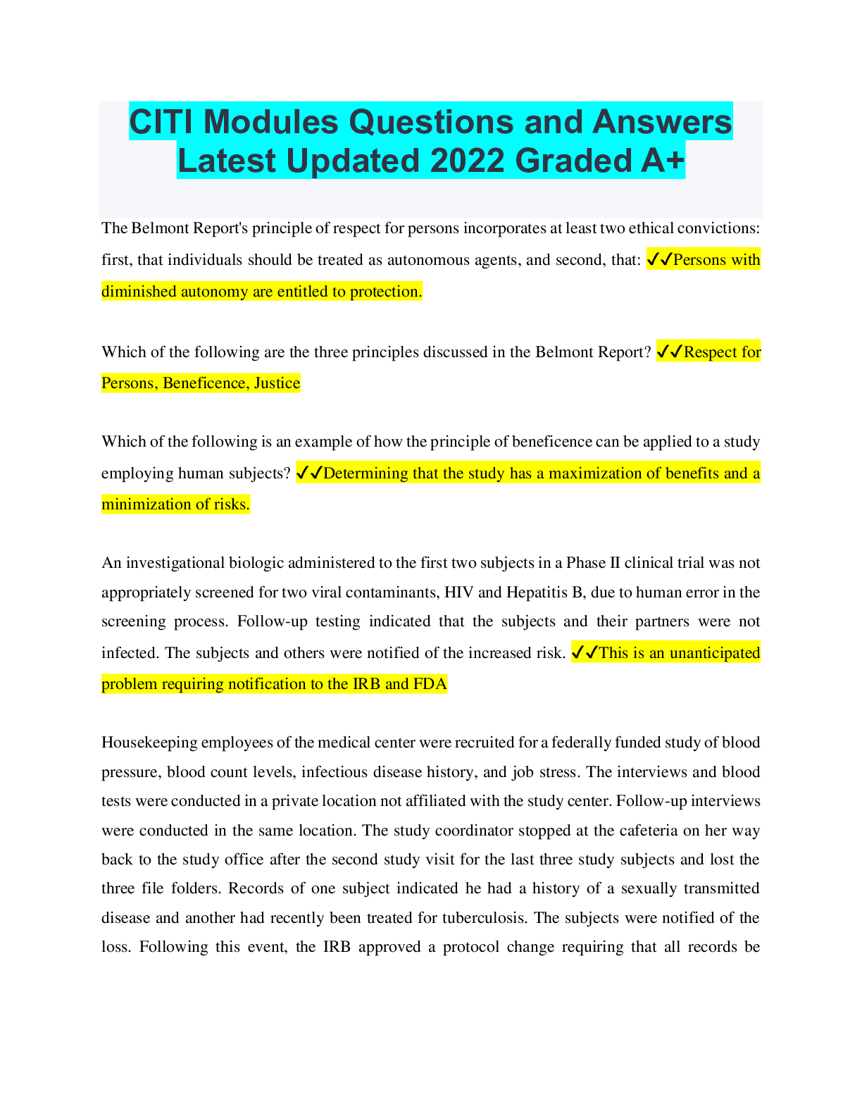 CITI Modules Questions and Answers Latest Updated 2022 Graded A+ ...