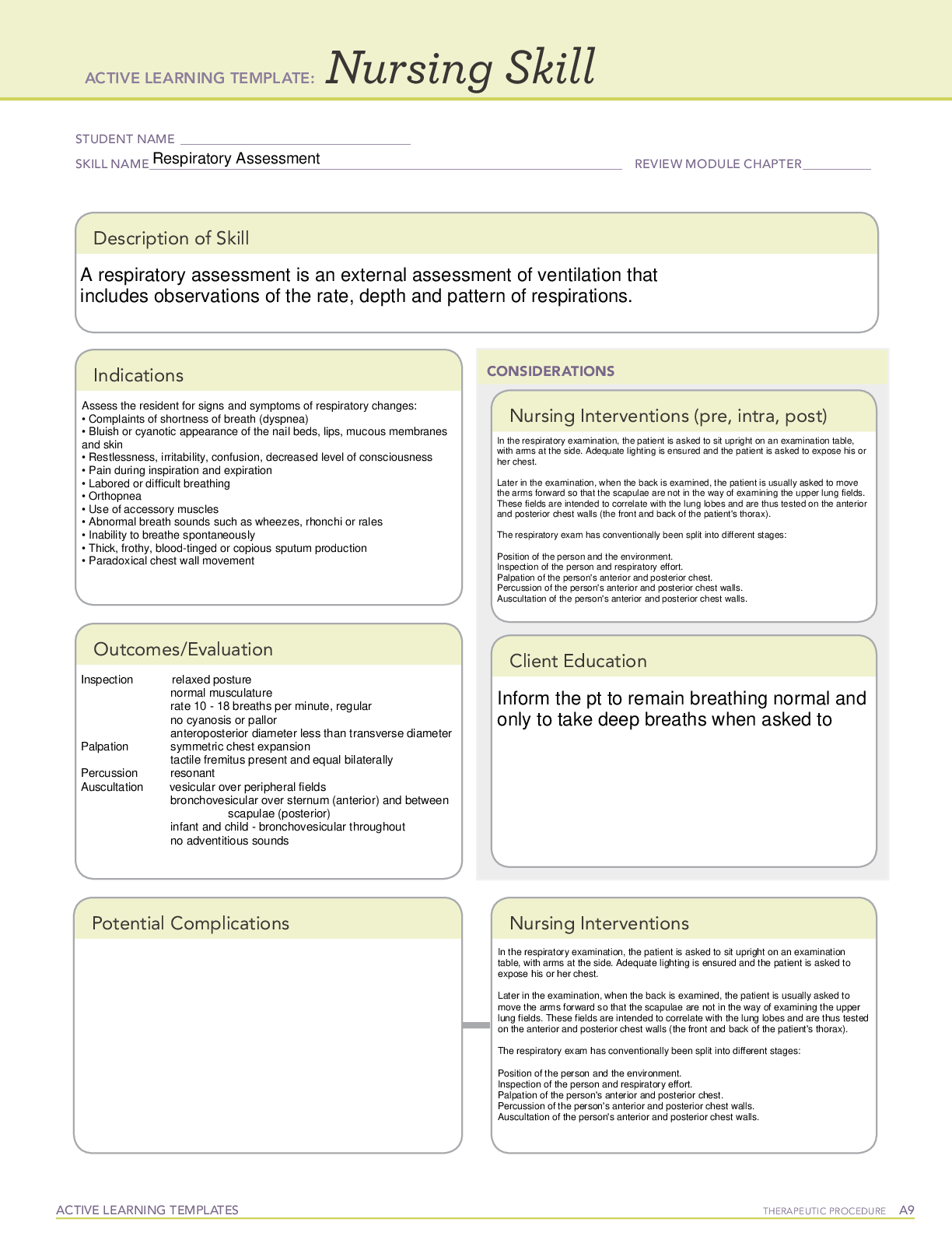 Respiratory Assessment ACTIVE LEARNING TEMPLATE Nursing Skill ATI STUDY ...