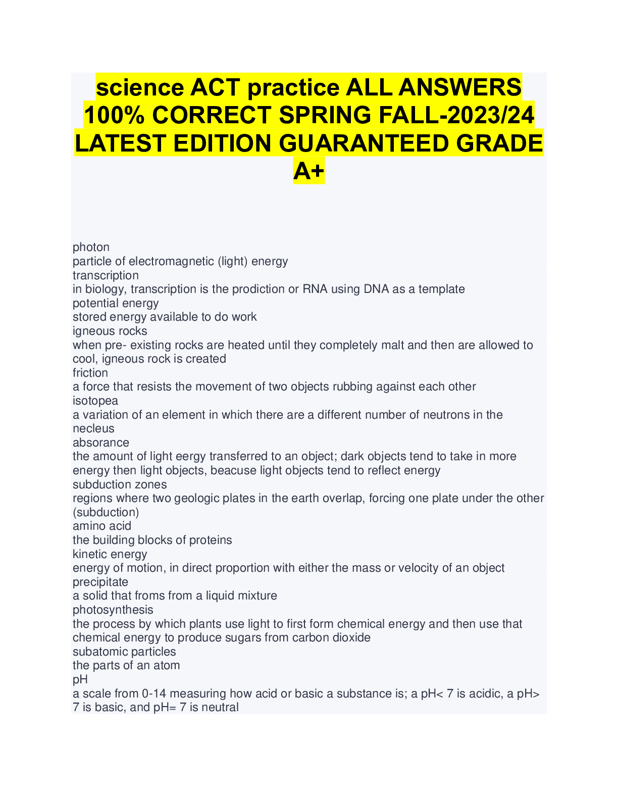science ACT practice ALL ANSWERS 100% CORRECT SPRING FALL-2023/24 ...