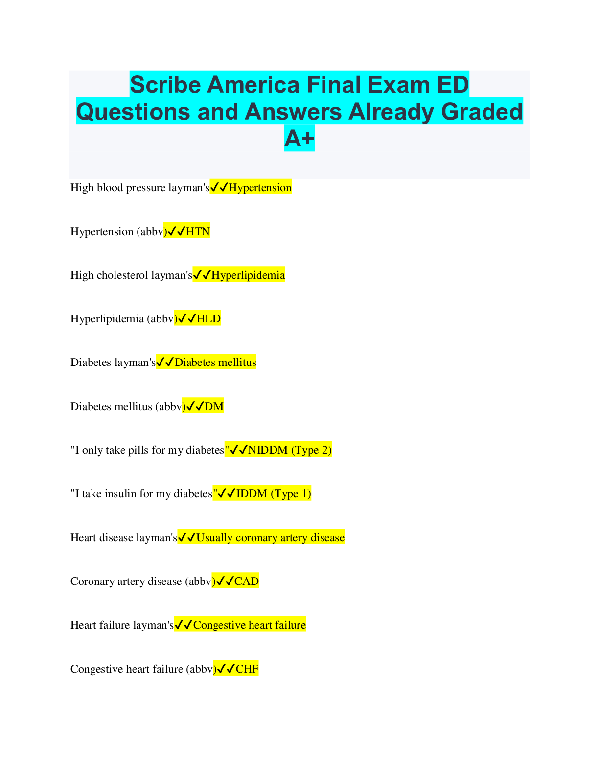 Scribe America Final Exam ED Questions and Answers Already Graded A+ ...