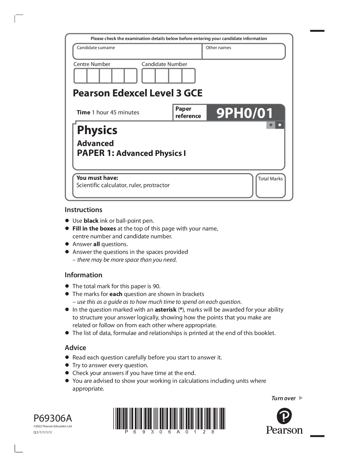 Pearson Edexcel Level 3 GCE 9PH0/01 2022 Physics Advanced PAPER 1 ...