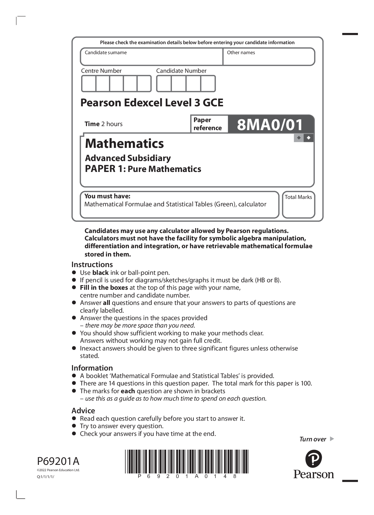 Pearson Edexcel Level 3 GCE 8MA0/01 2022 Mathematics Advanced ...
