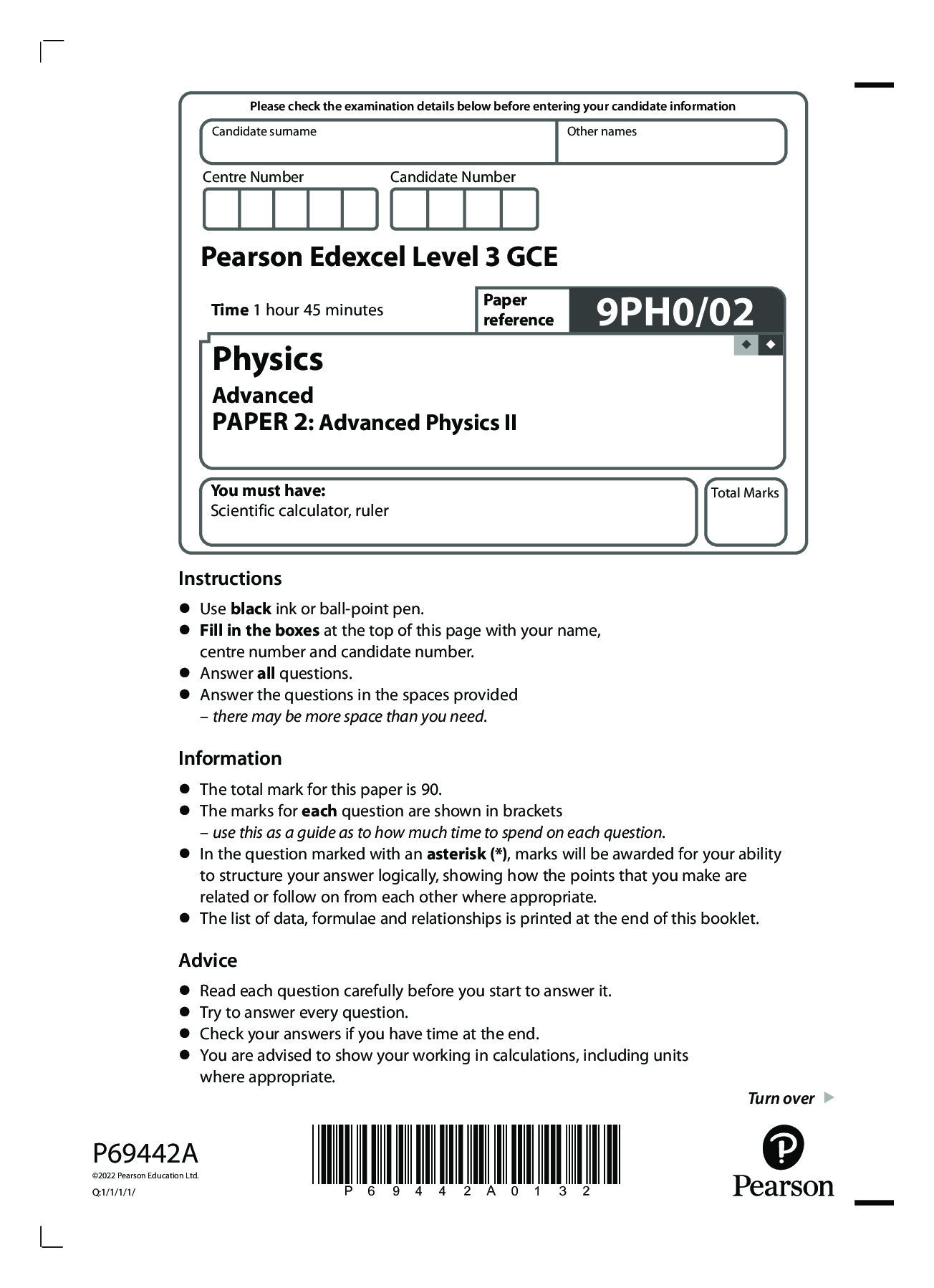 Pearson Edexcel Level 3 GCE 9PH0/02 2022 Physics Advanced PAPER 2 ...