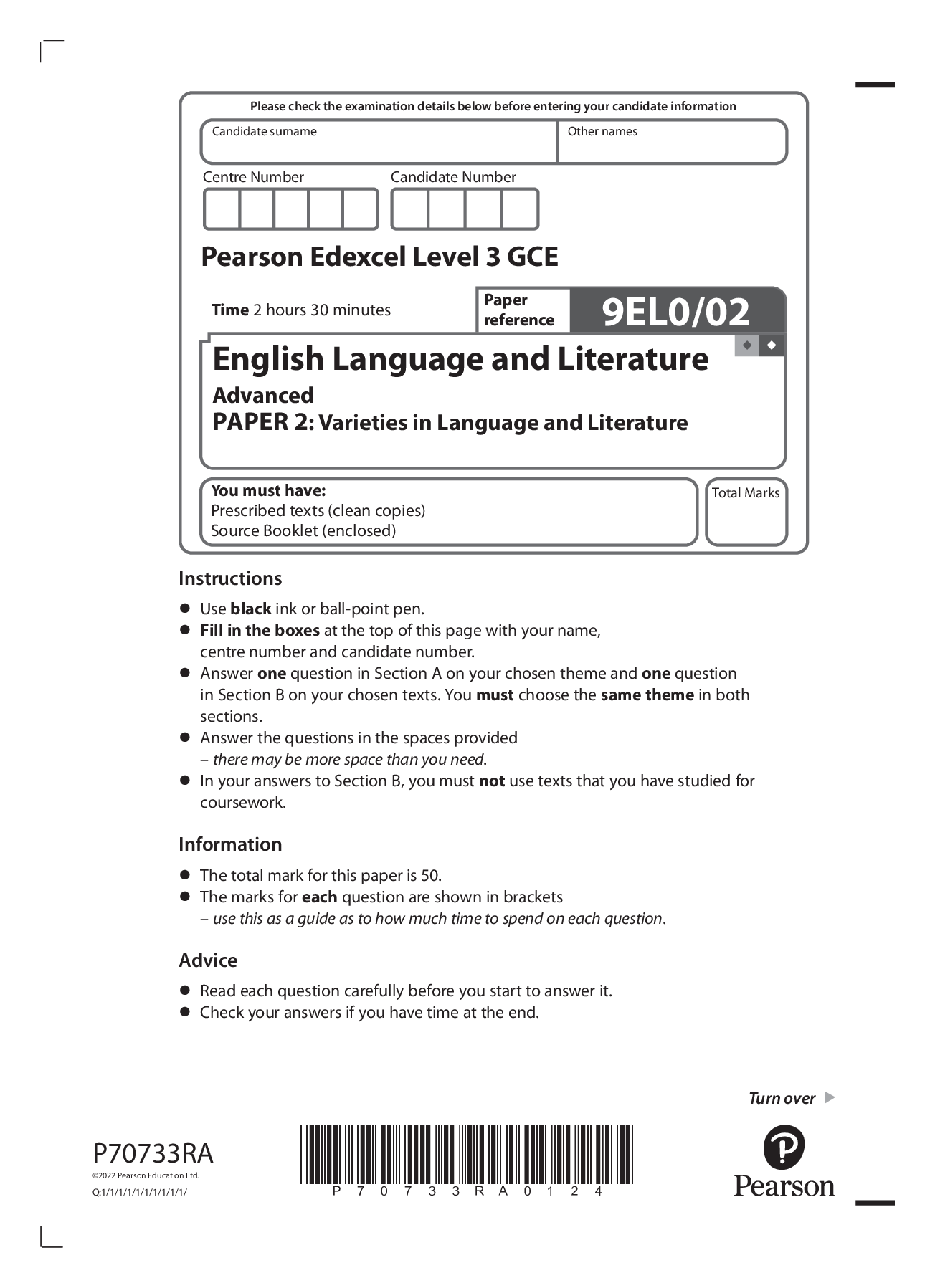 Pearson Edexcel Level 3 GCE 9EL0/02 2022 English Language and ...