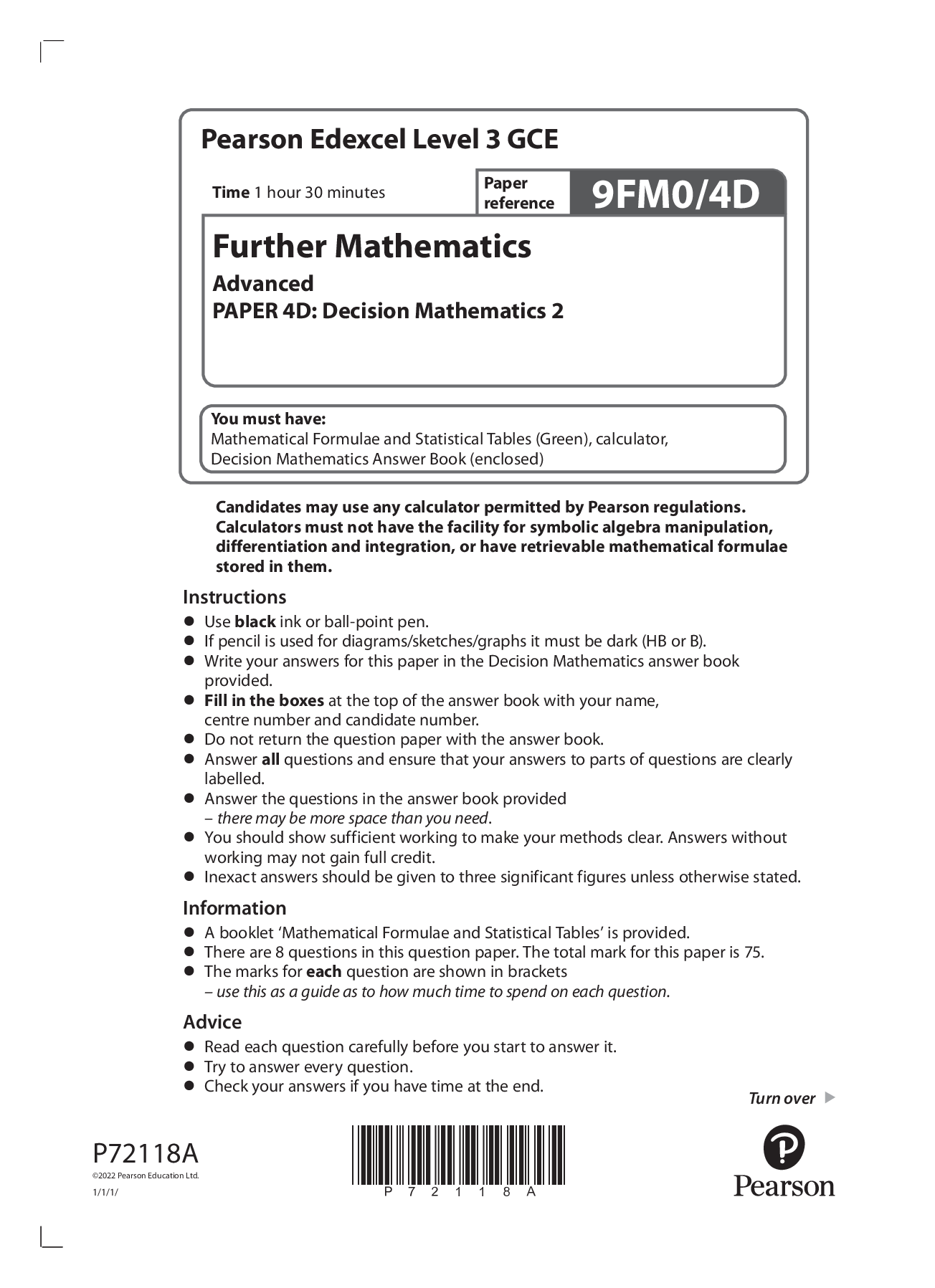 Pearson Edexcel Level 3 GCE 9FM0/4D 2022 Further Mathematics Advanced ...