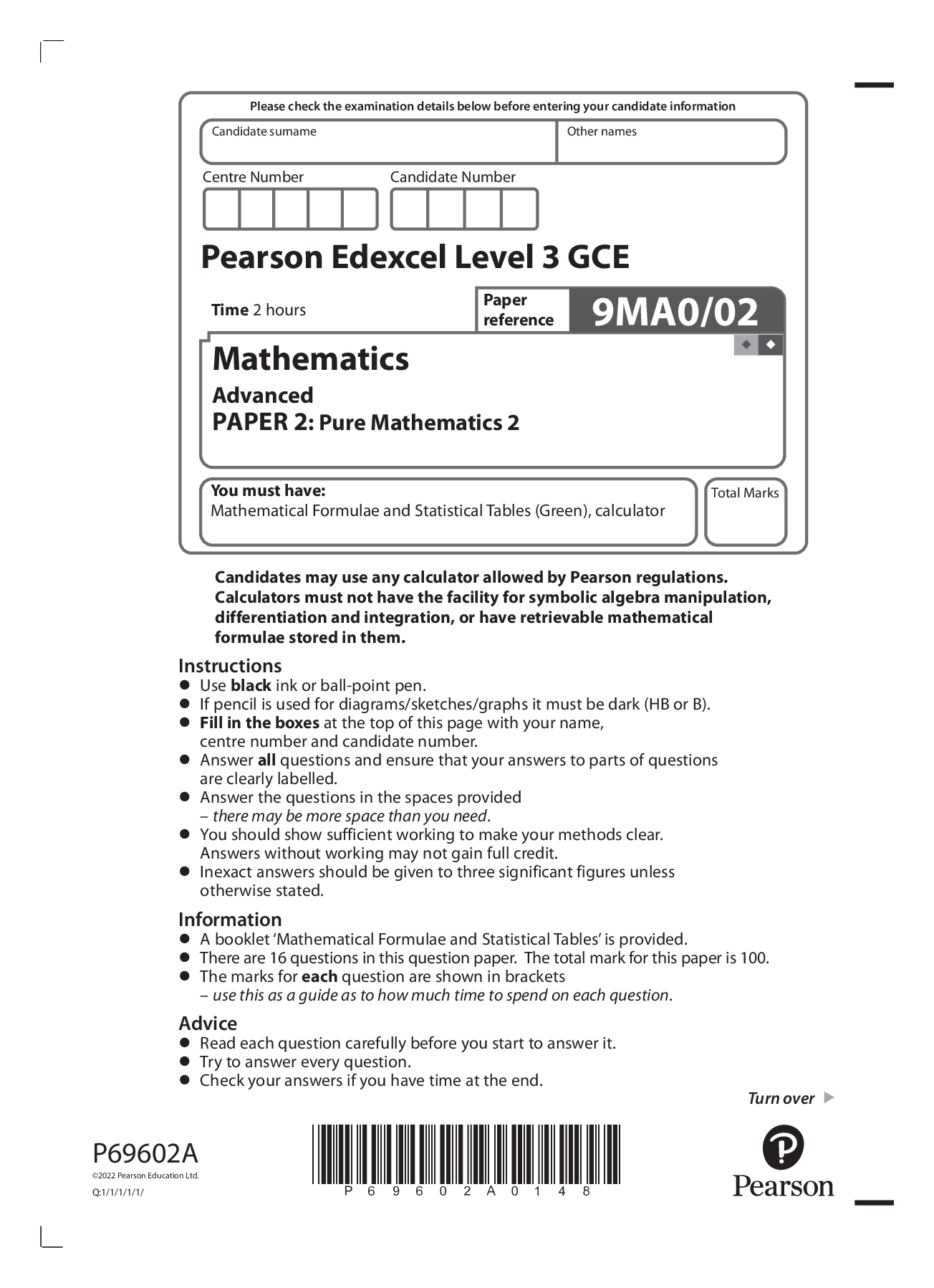 Pearson Edexcel Level 3 GCE 9MA0/02 2022 Mathematics Advanced PAPER 2 ...