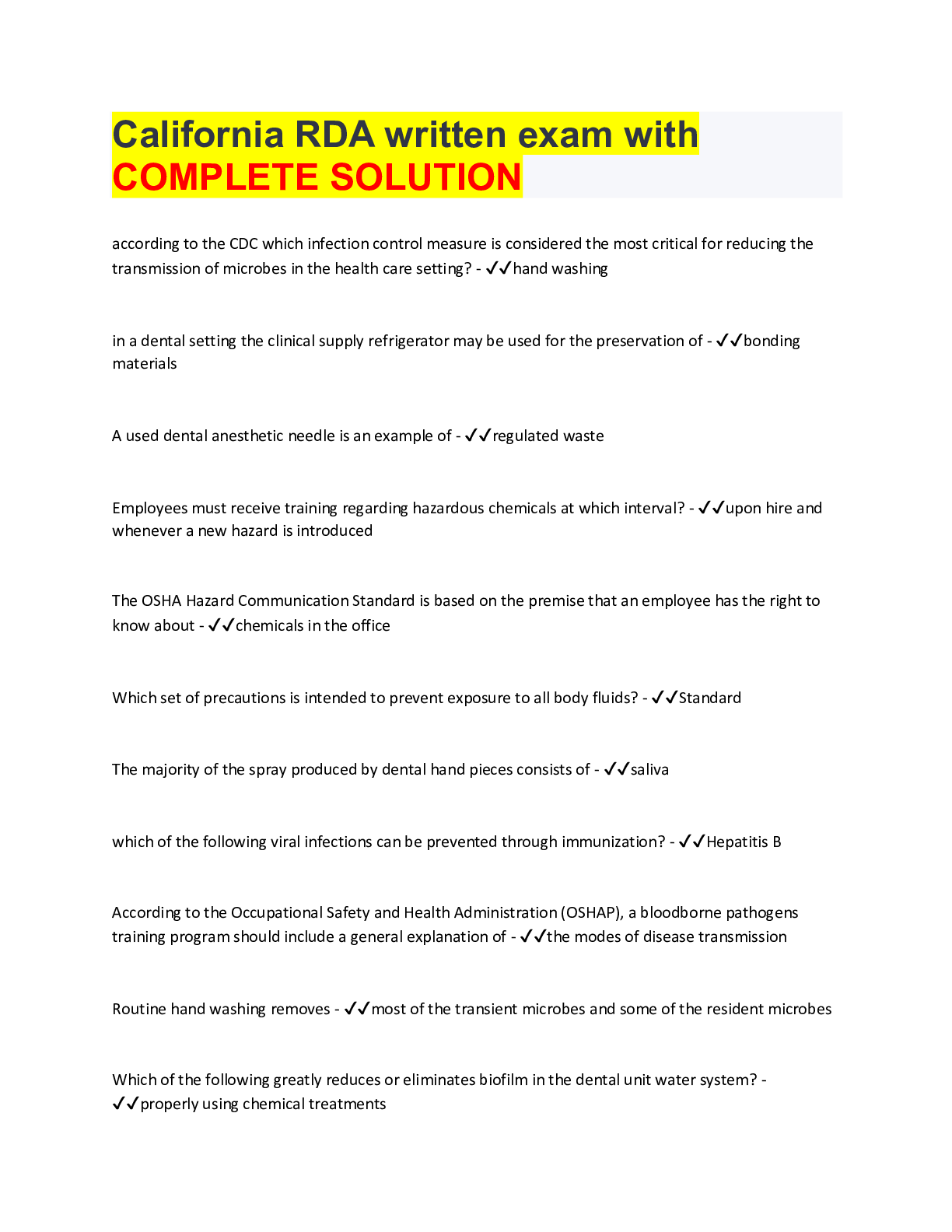 California RDA written exam 2022/2023 with COMPLETE SOLUTION ...