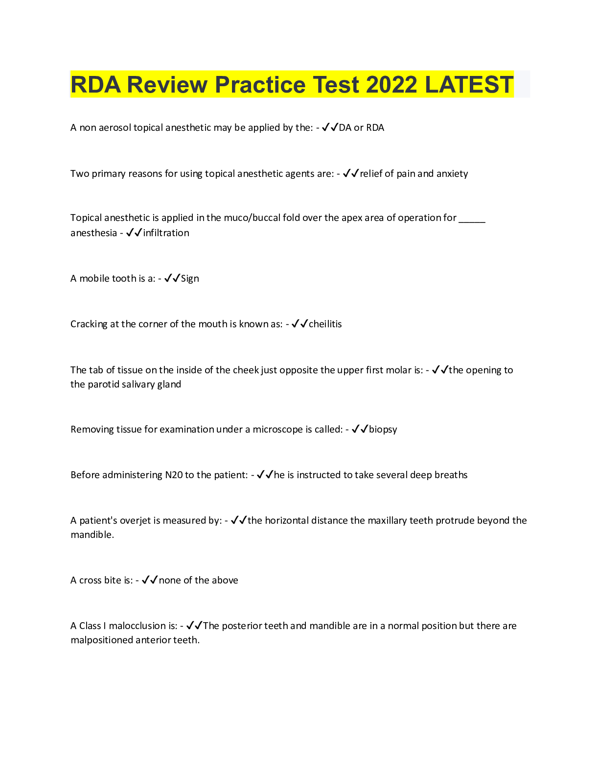 RDA Review Practice Test 2022 LATEST - Scholarfriends