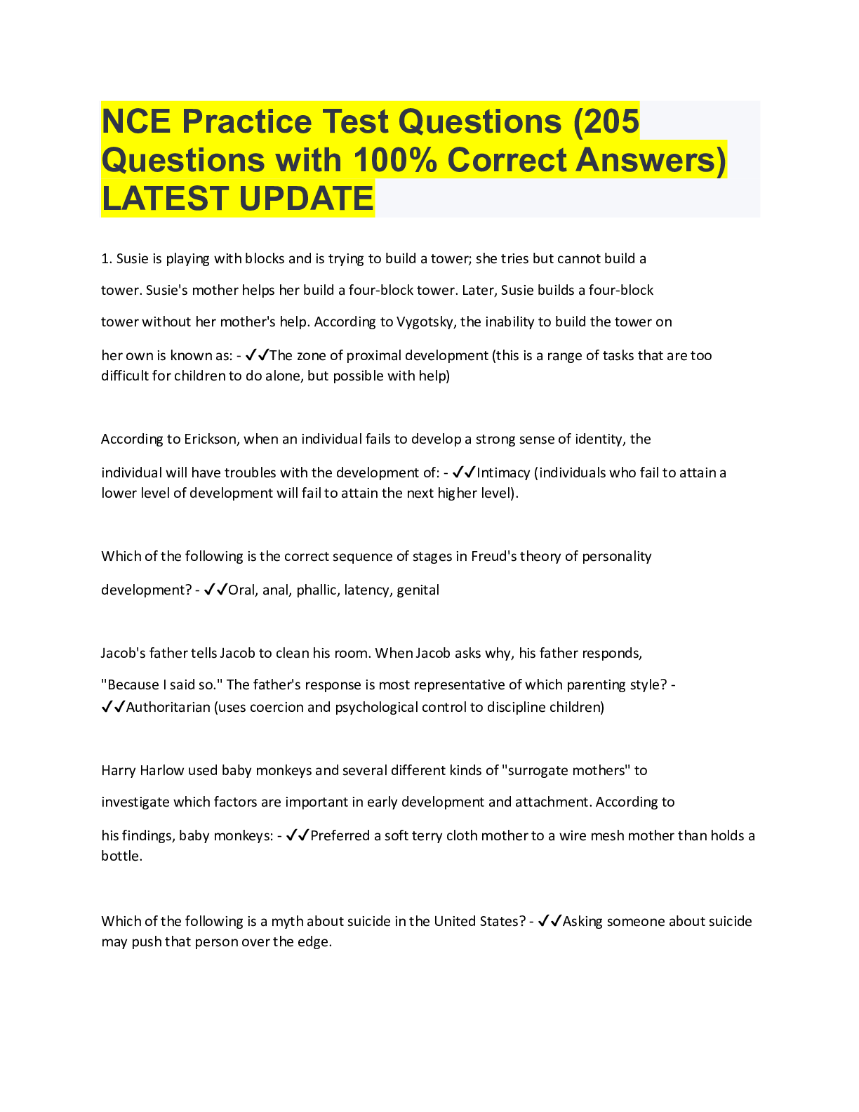 NCE Practice Test Questions (205 Questions with 100% Correct Answers ...