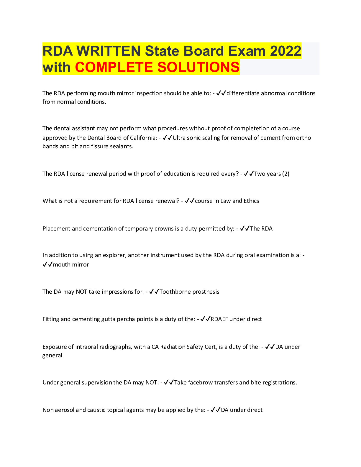 RDA WRITTEN State Board Exam 2022 with COMPLETE SOLUTIONS - Scholarfriends