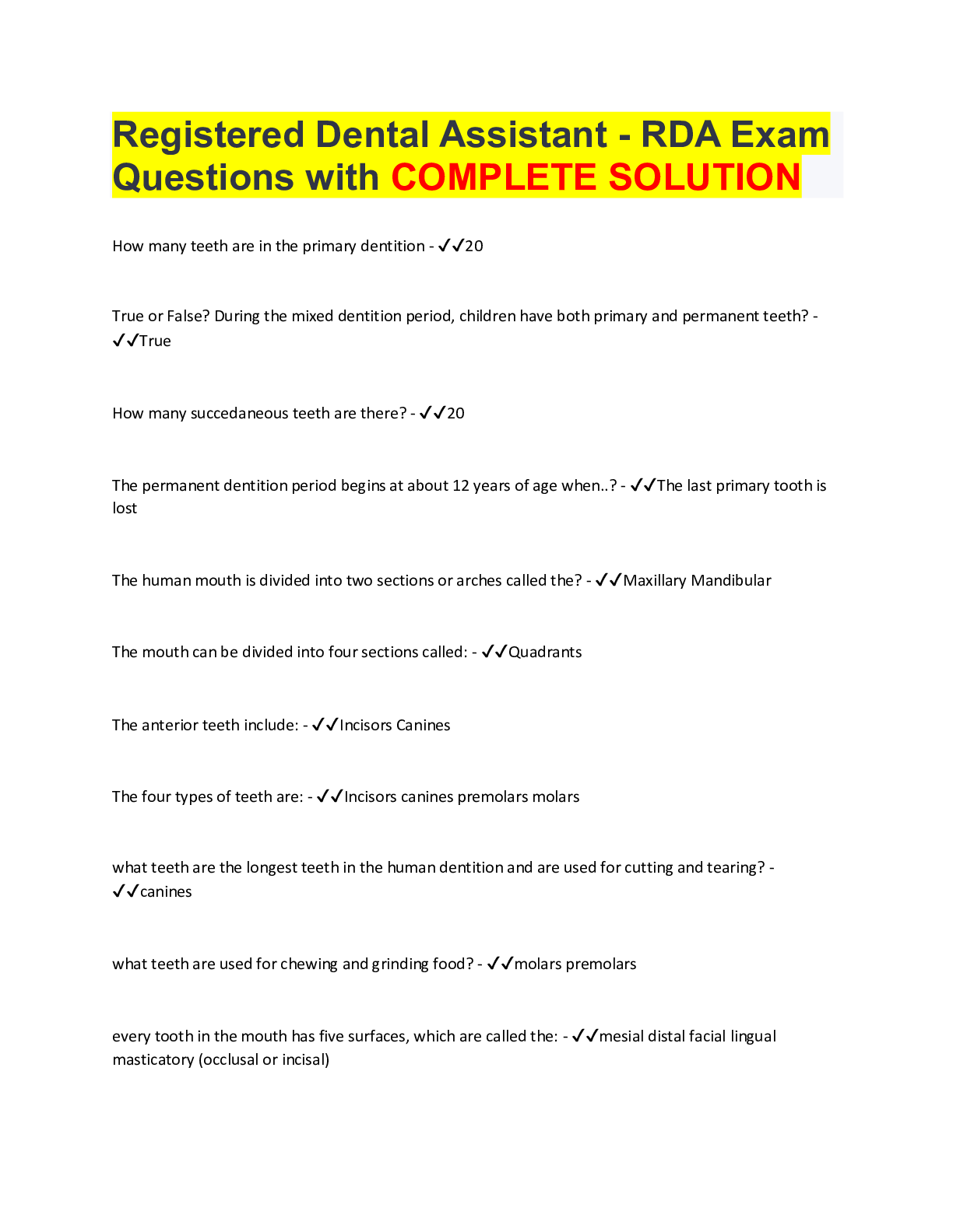 Registered Dental Assistant - RDA Exam 2022/2023 Questions with ...