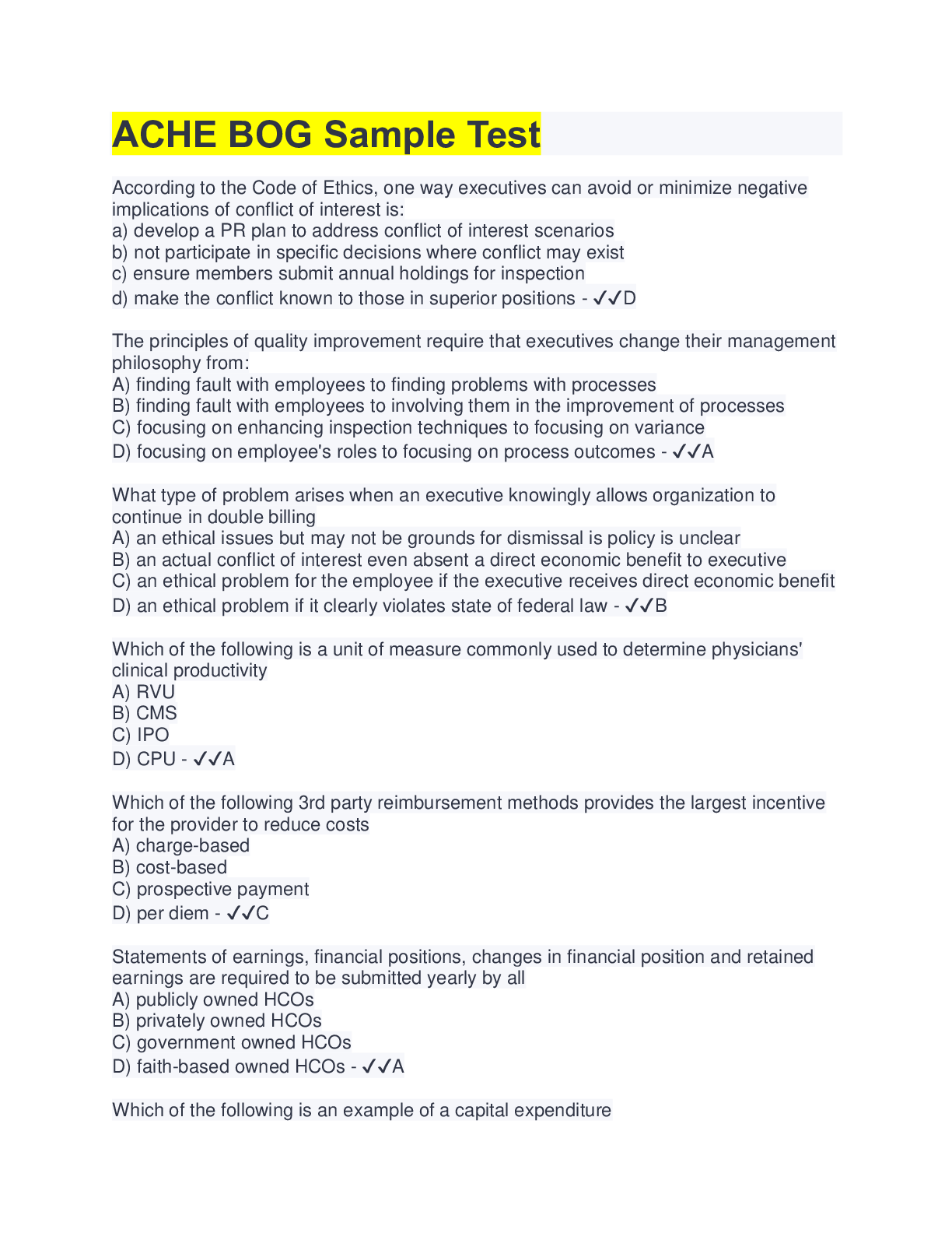 ACHE BOG Sample Test(QUESTIONS &ANSWERS) – Scholarfriends - Scholarfriends