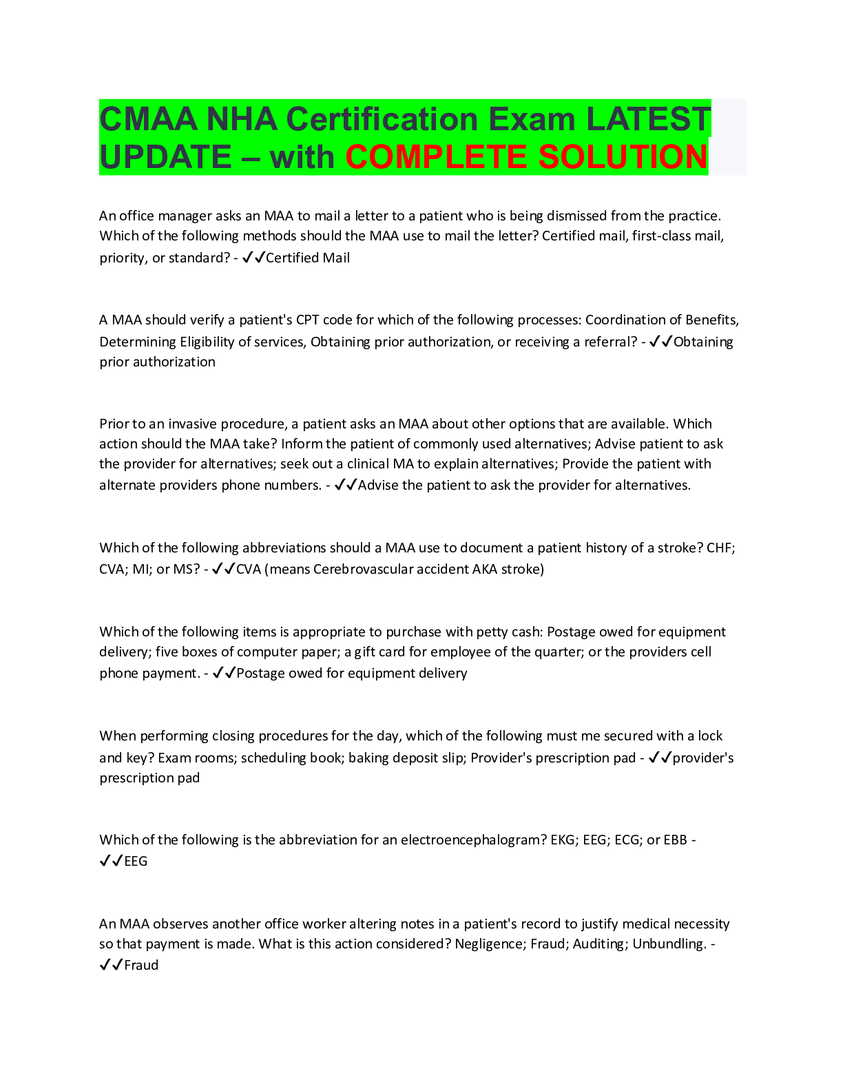 CMAA NHA Certification Exam LATEST UPDATE – with COMPLETE SOLUTION ...