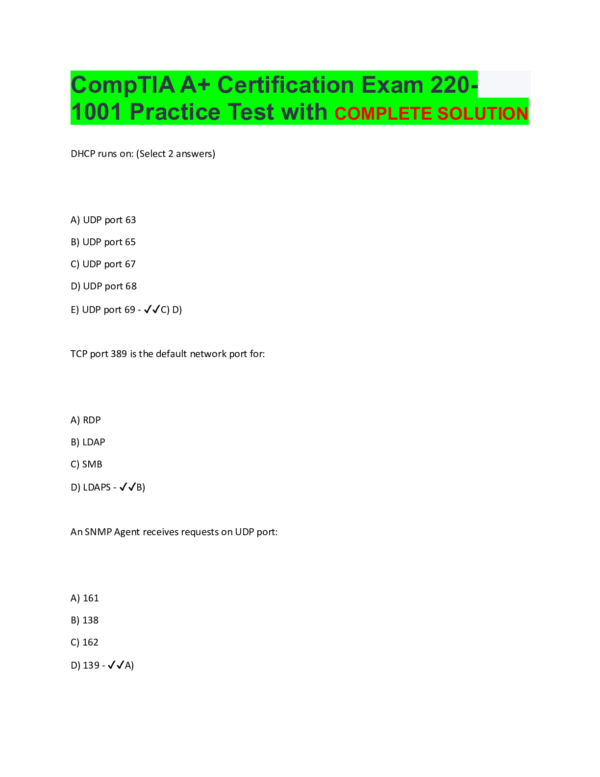 CompTIA A+ Certification Exam 220- 1001 Practice Test with COMPLETE ...