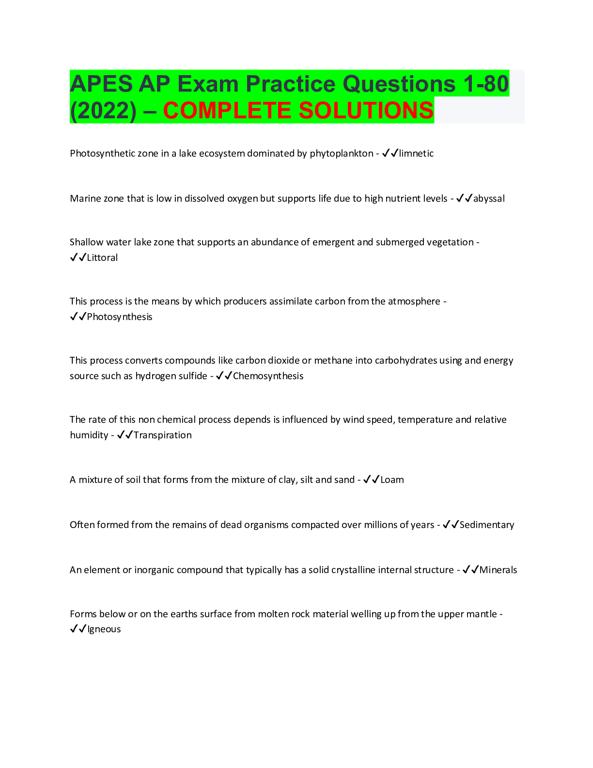 APES AP Exam Practice Questions 1-80 (2022) – COMPLETE SOLUTIONS ...