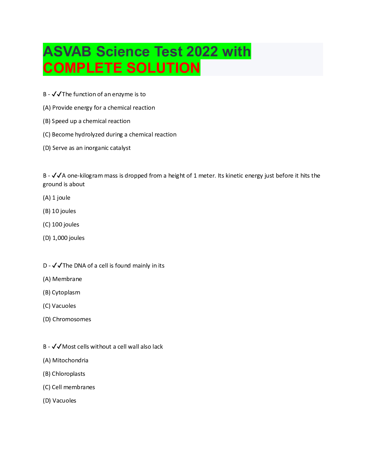 ASVAB Science Test 2022 with COMPLETE SOLUTION B - The function of an ...