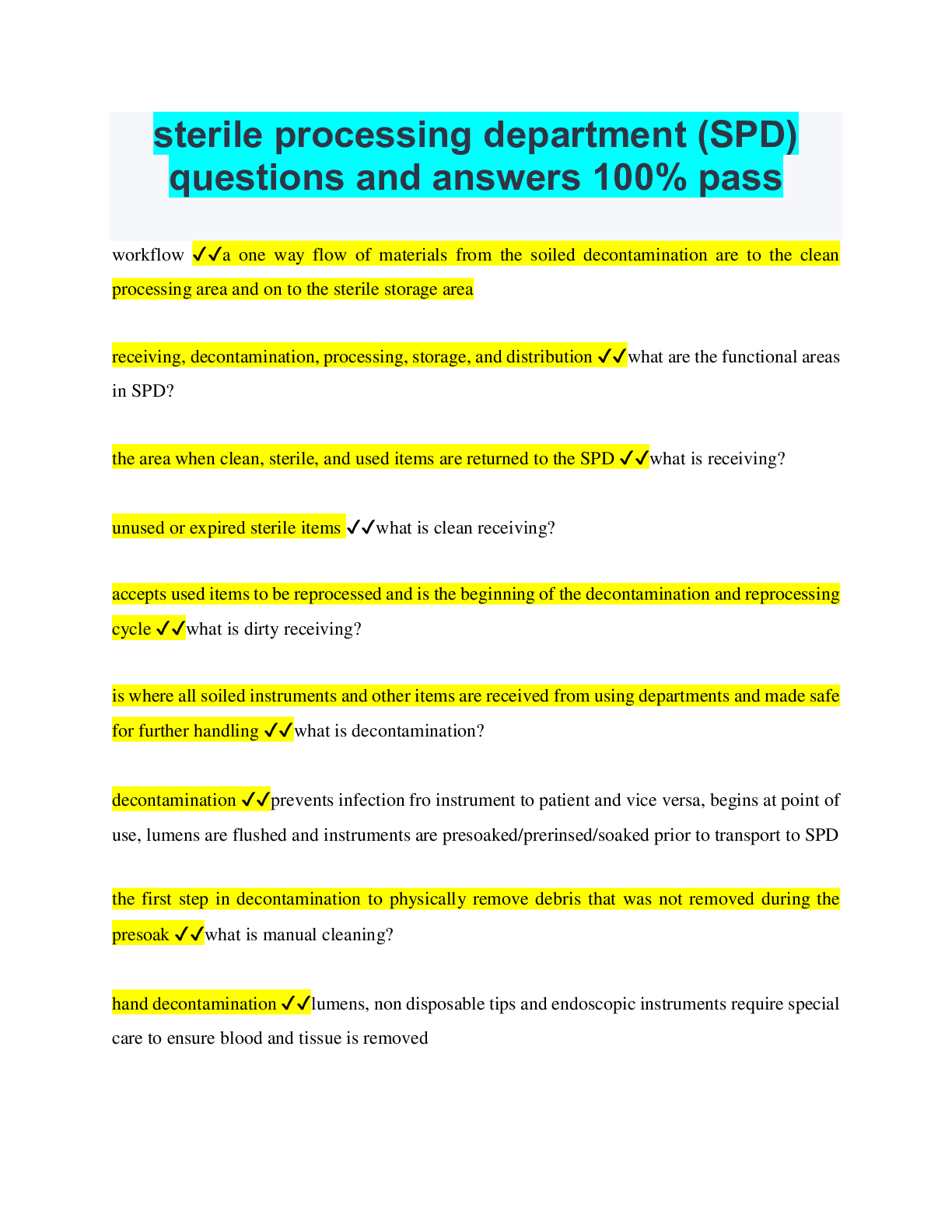 sterile processing department (SPD) questions and answers 100% pass ...