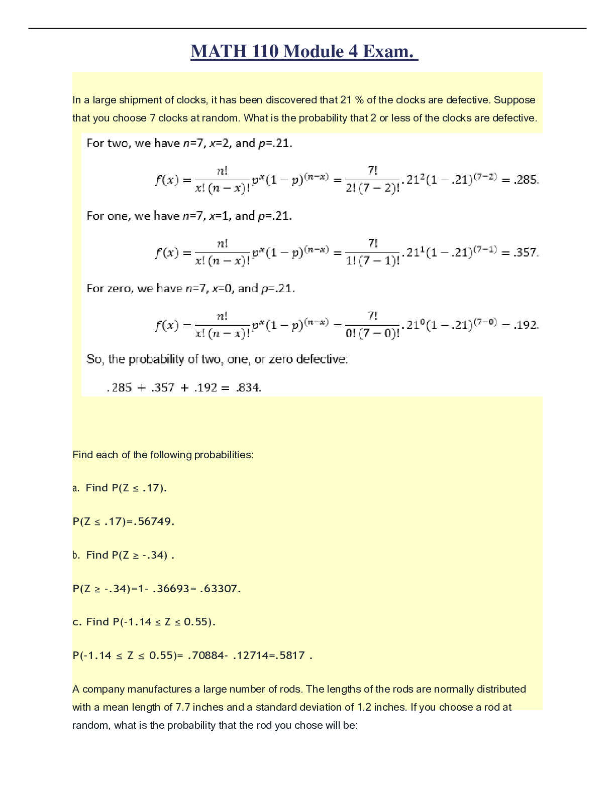 MATH 110 Module 4 Exam Questions and Answers- Portage Learning ...