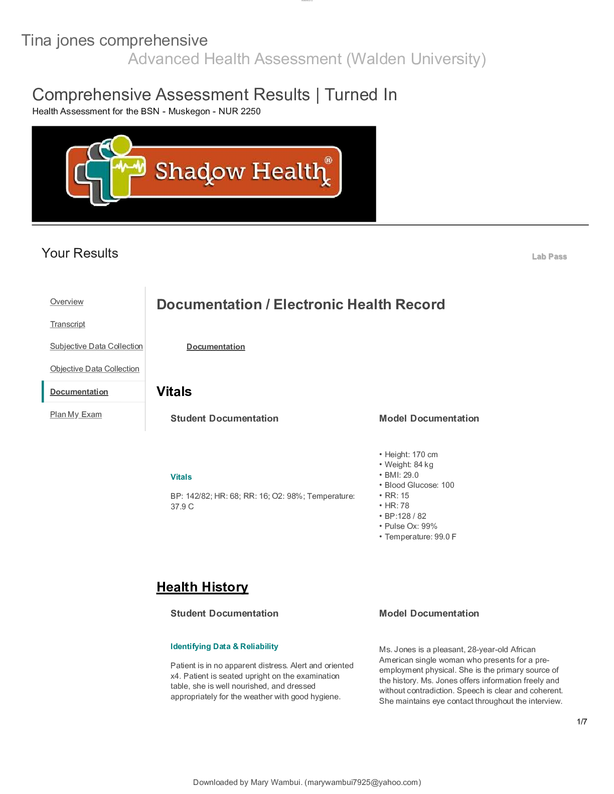 Tina jones Shadow Health. comprehensive Advanced Health Assessment for ...