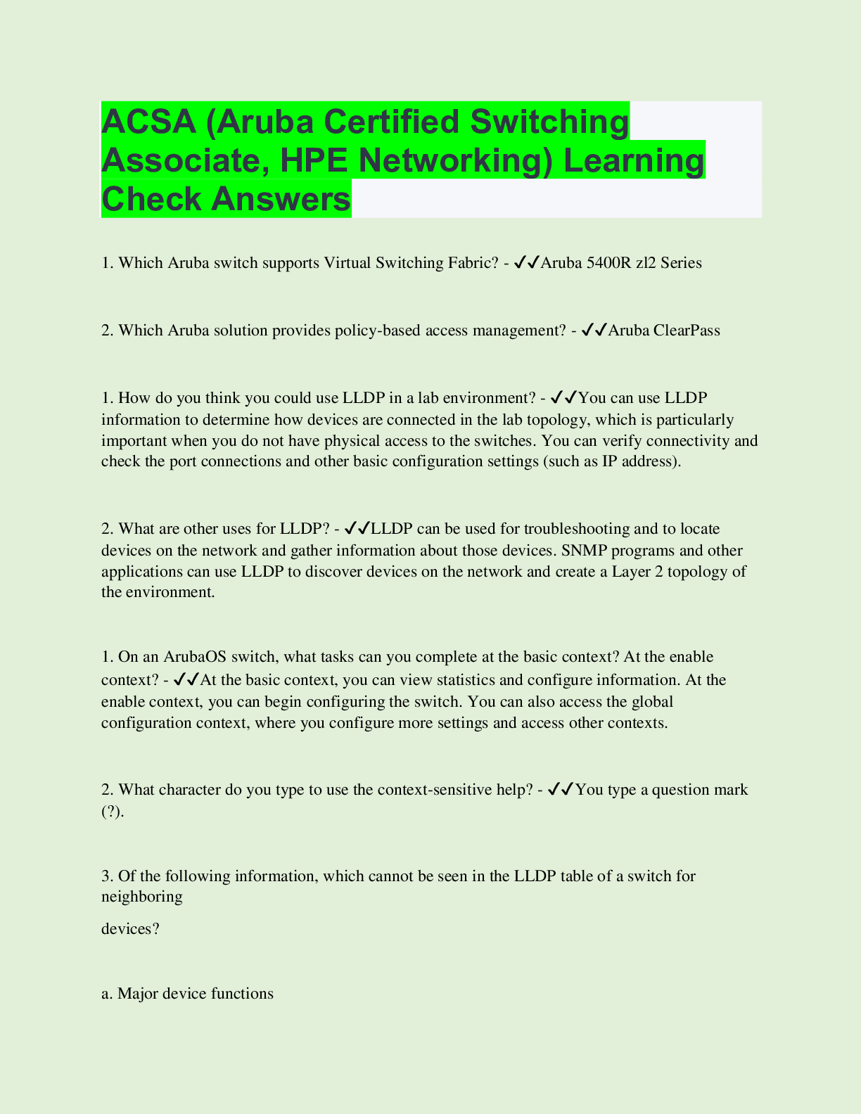 ACSA (Aruba Certified Switching Associate, HPE Networking) Learning Check Answers | Questions ...