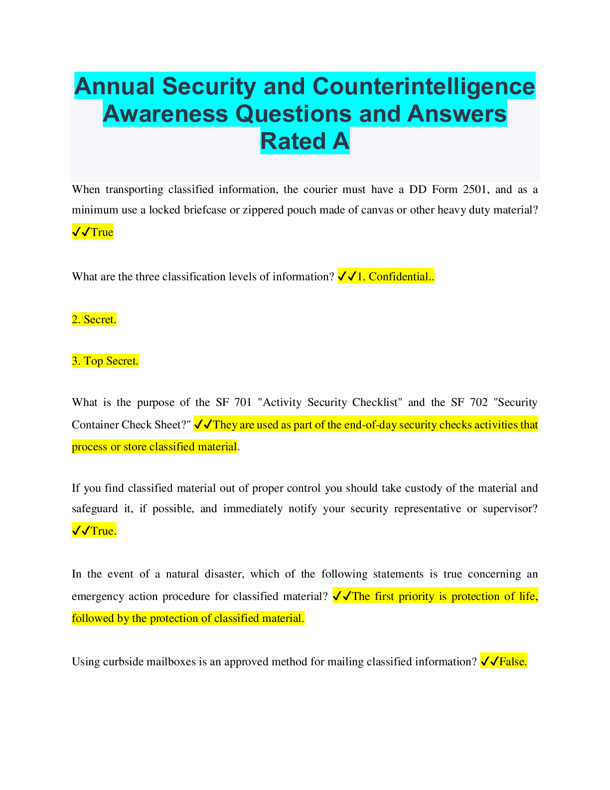 Annual Security and Counterintelligence Awareness Questions and Answers ...