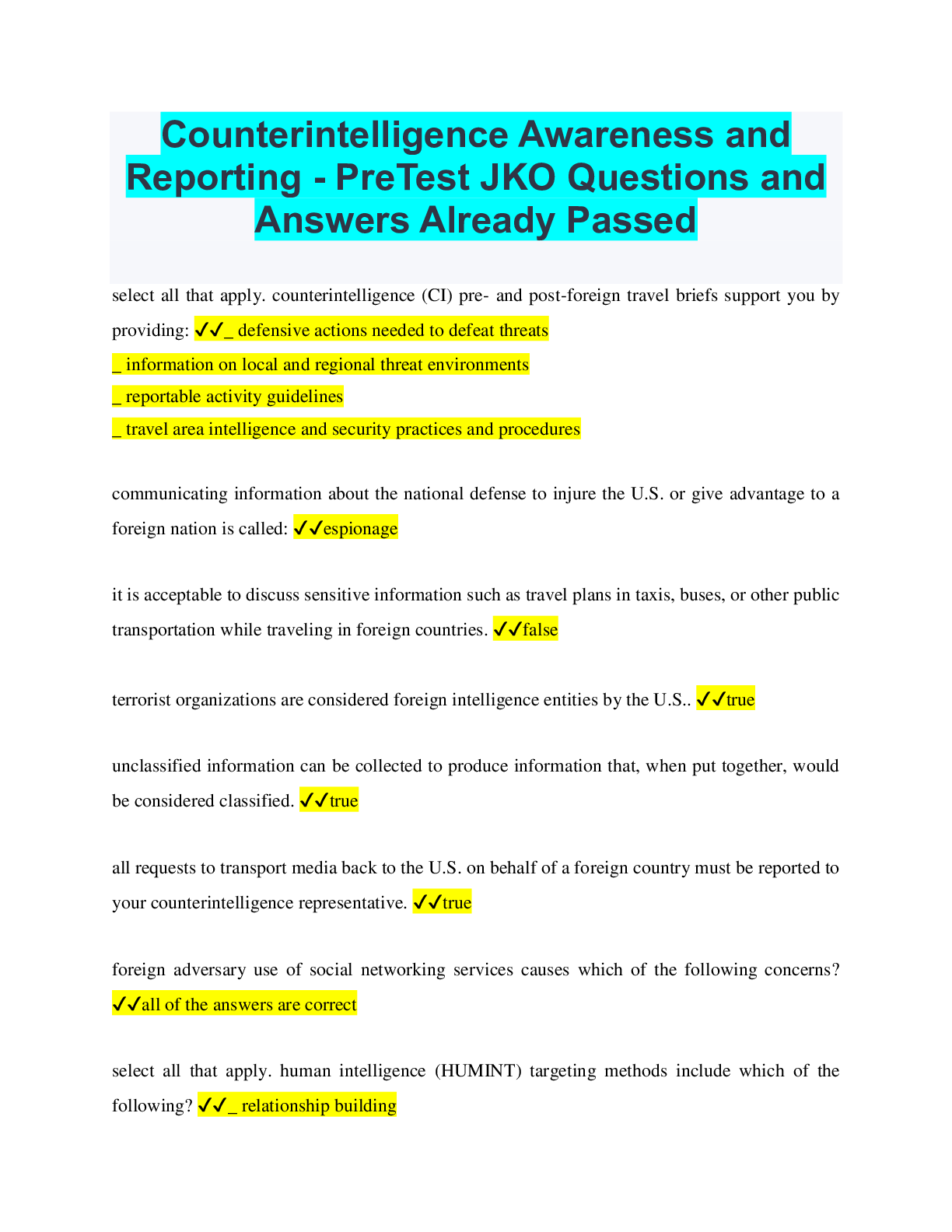 Counterintelligence Awareness and Reporting - PreTest JKO Questions and ...