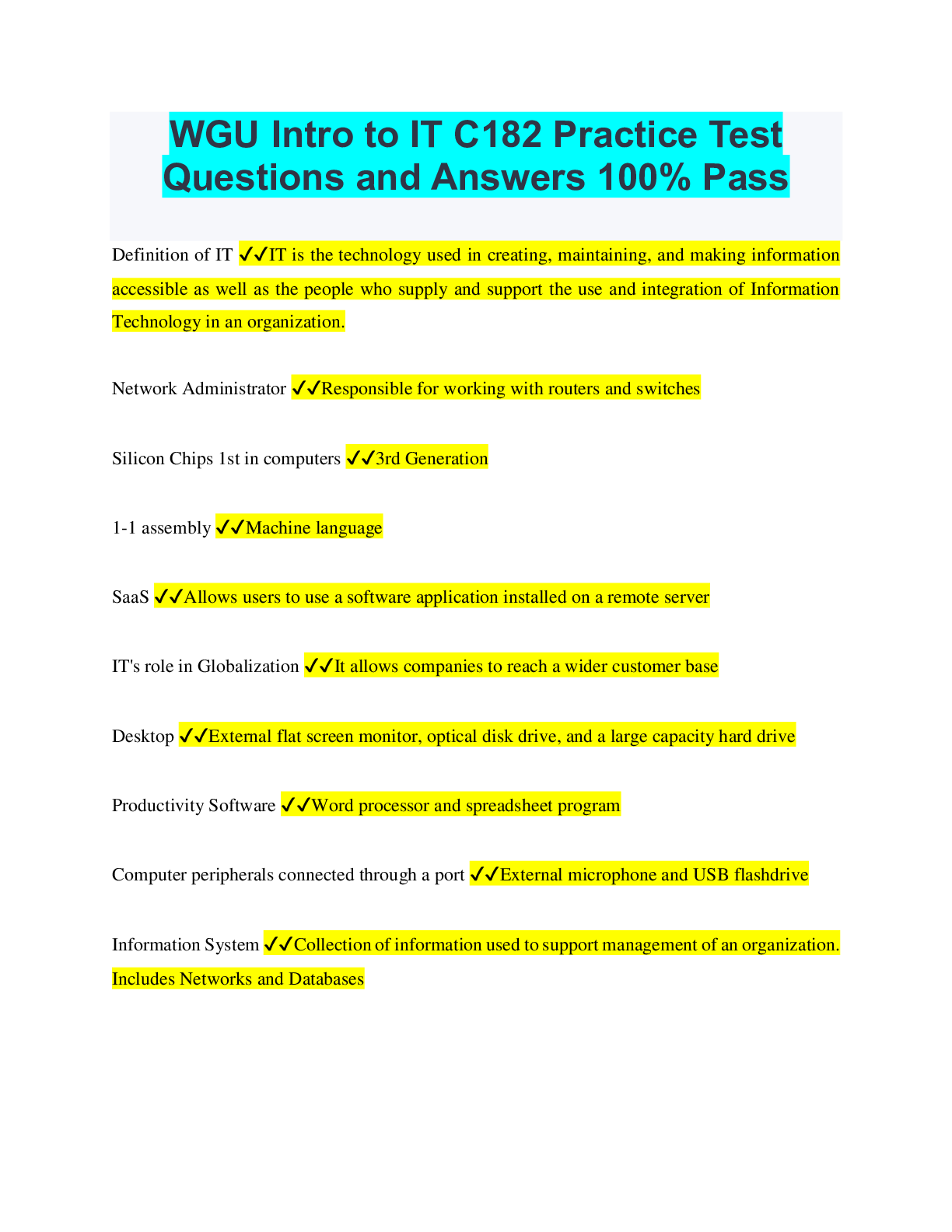 WGU Intro to IT C182 Practice Test Questions and Answers 100% Pass ...