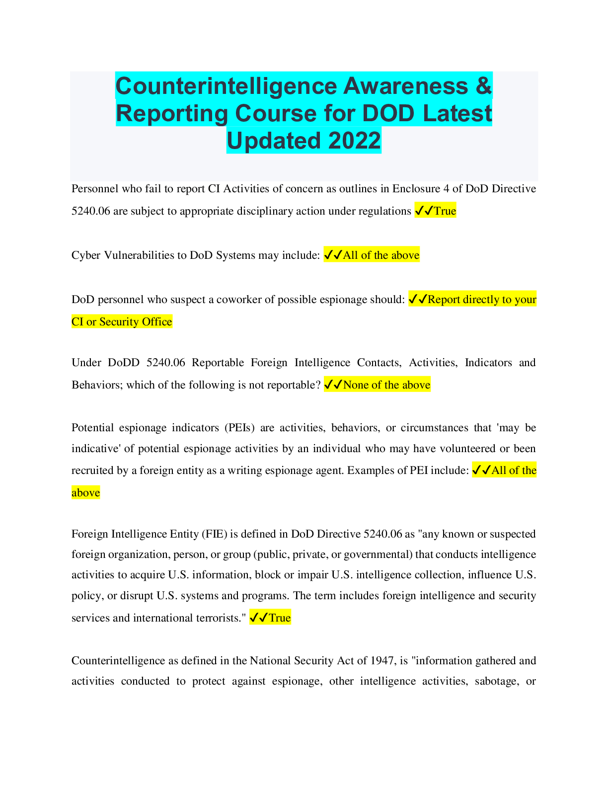 Counterintelligence Awareness & Reporting Course for DOD Latest Updated ...