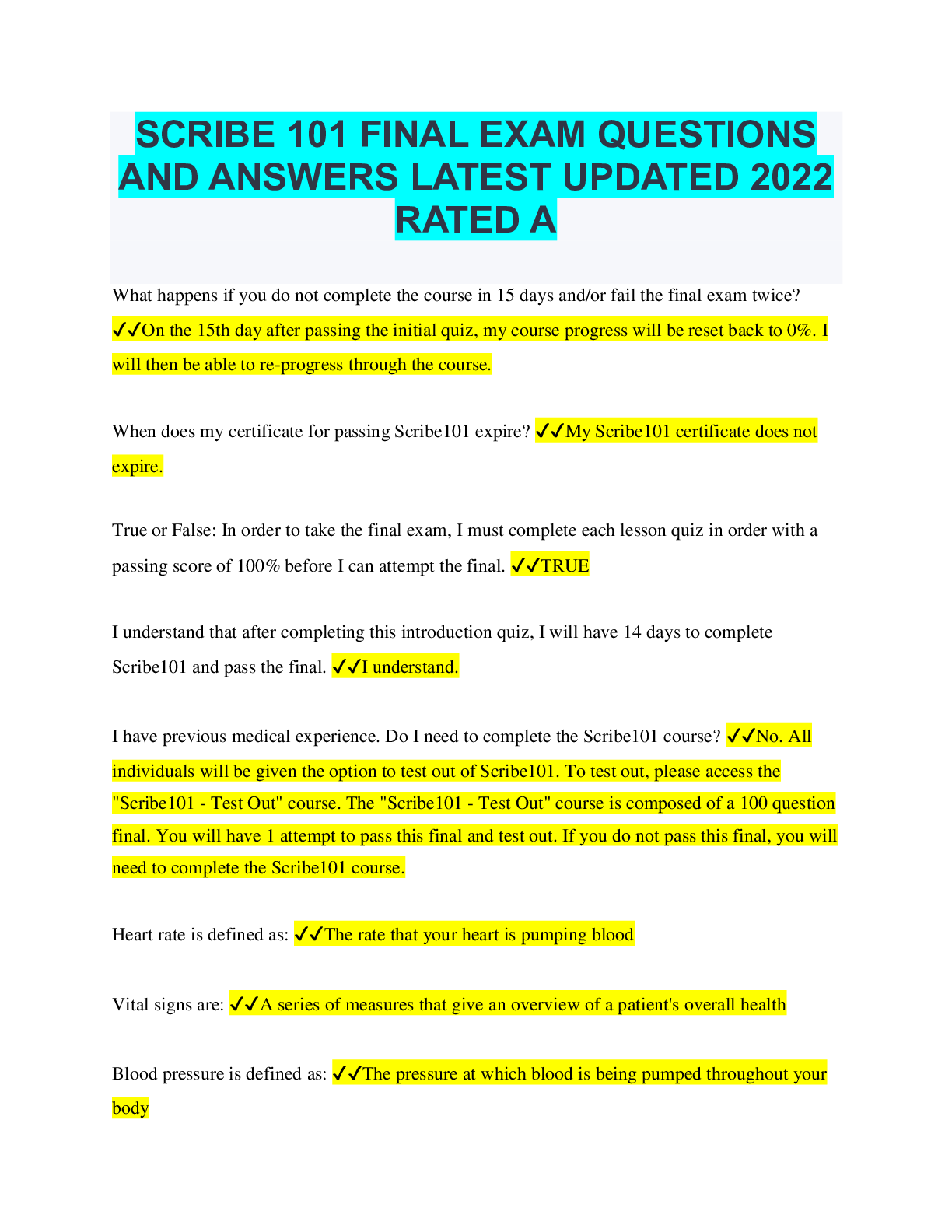SCRIBE 101 FINAL EXAM QUESTIONS AND ANSWERS LATEST UPDATED 2022 RATED A ...