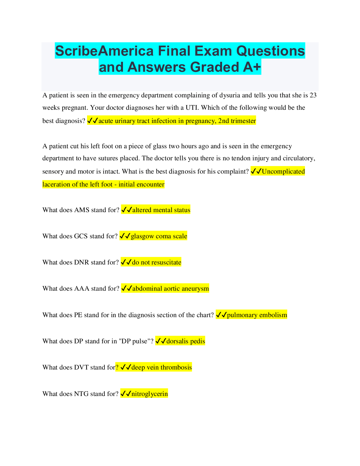 ScribeAmerica Final Exam Questions and Answers Graded A+ ...