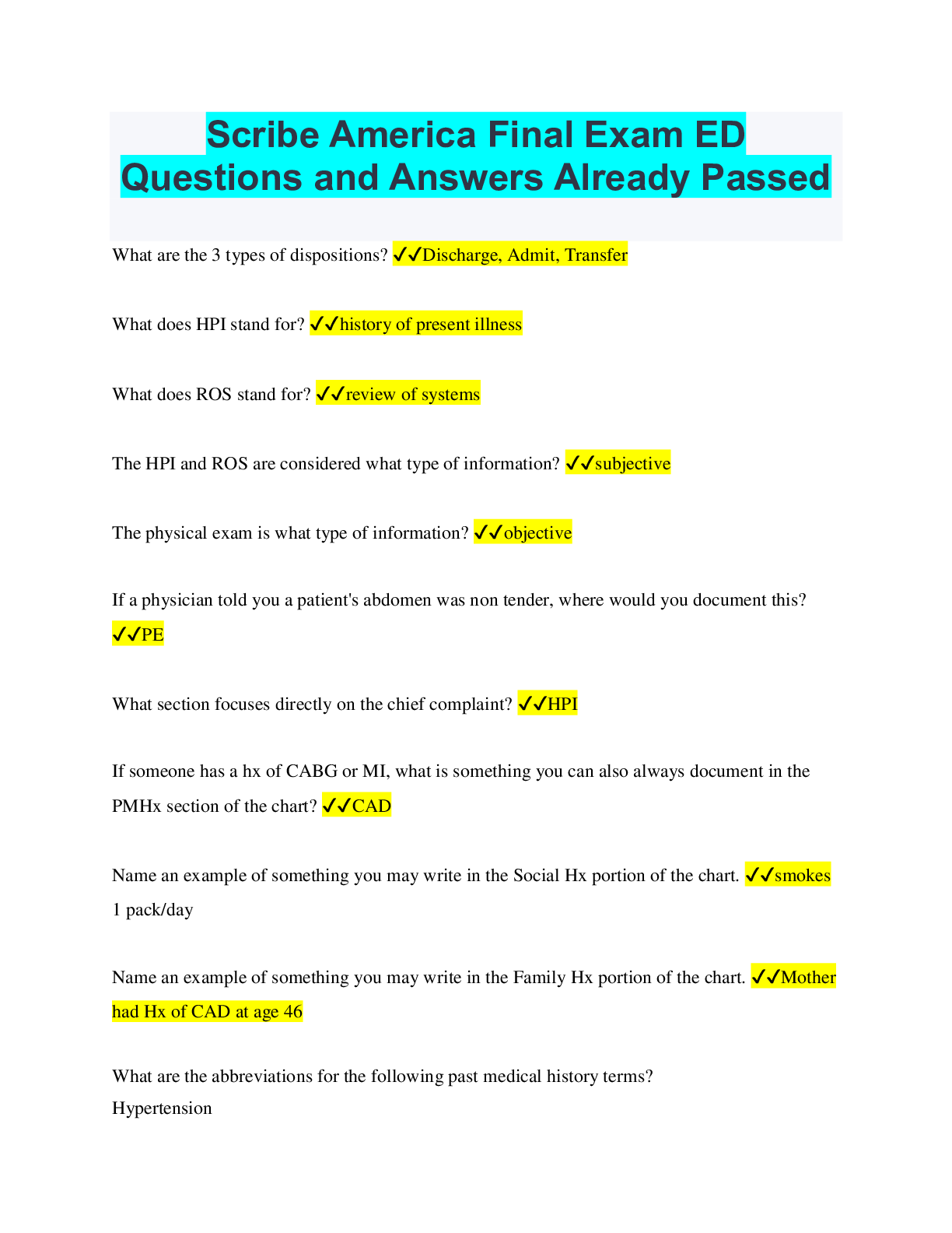 Scribe America Final Exam ED Questions and Answers Already Passed ...