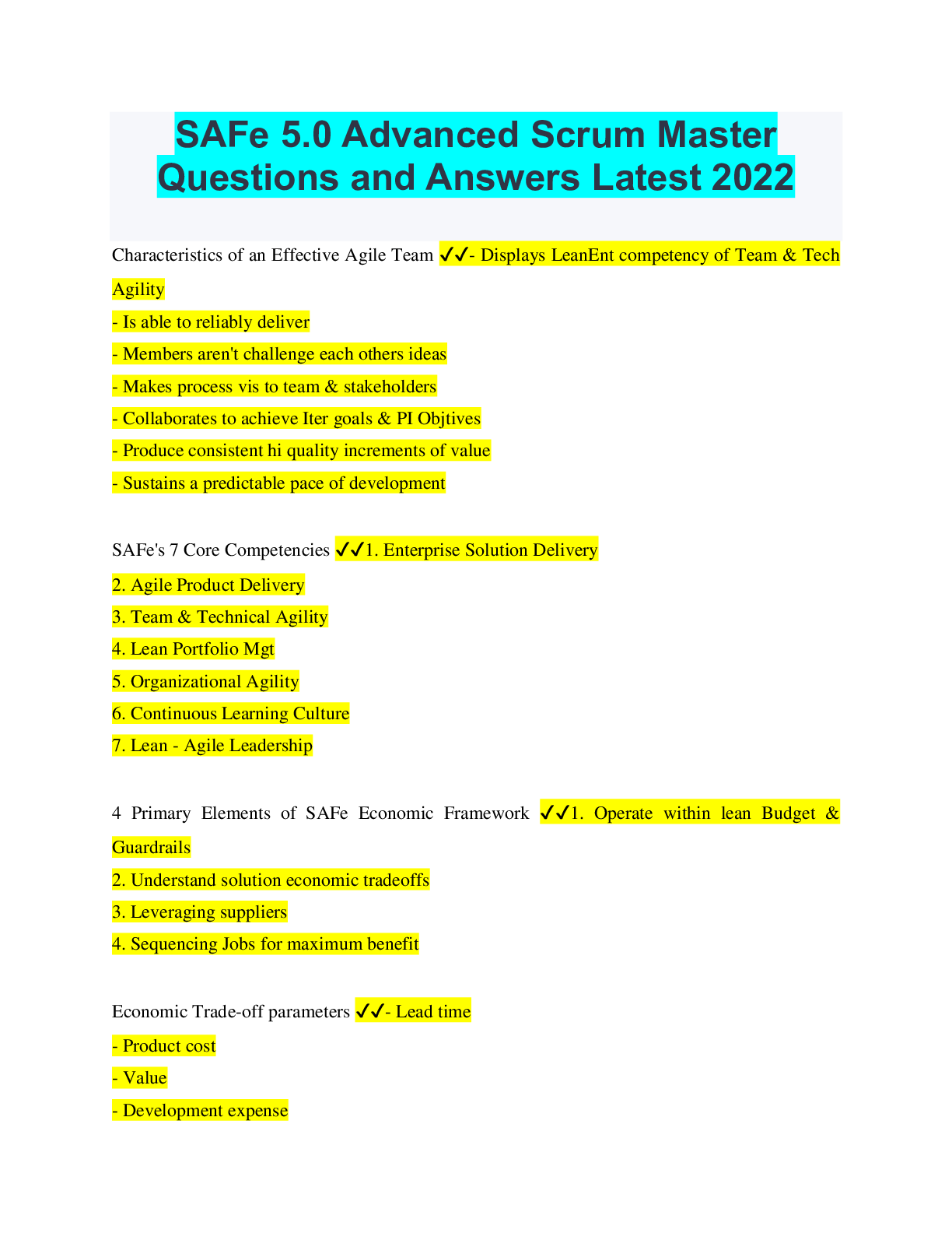 SAFe 5.0 Advanced Scrum Master Questions and Answers Latest 2022 ...