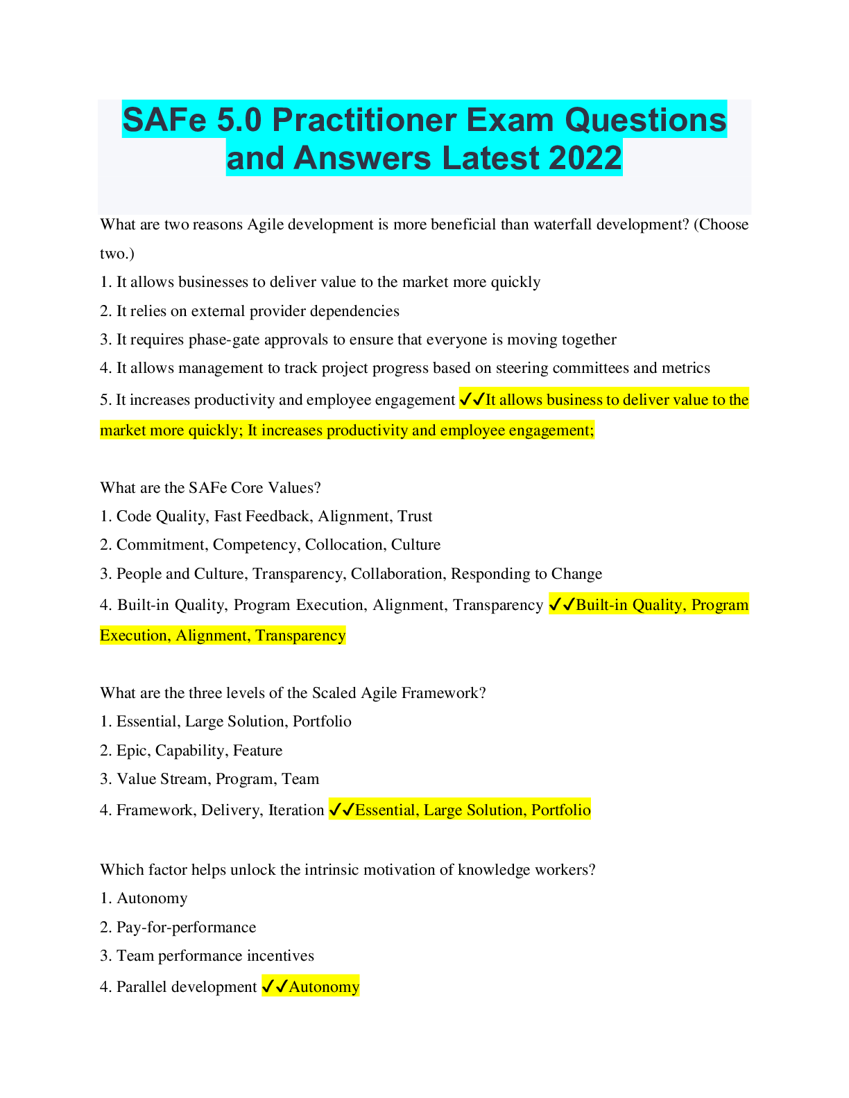 SAFe 5.0 Practitioner Exam Questions and Answers Latest 2022 ...