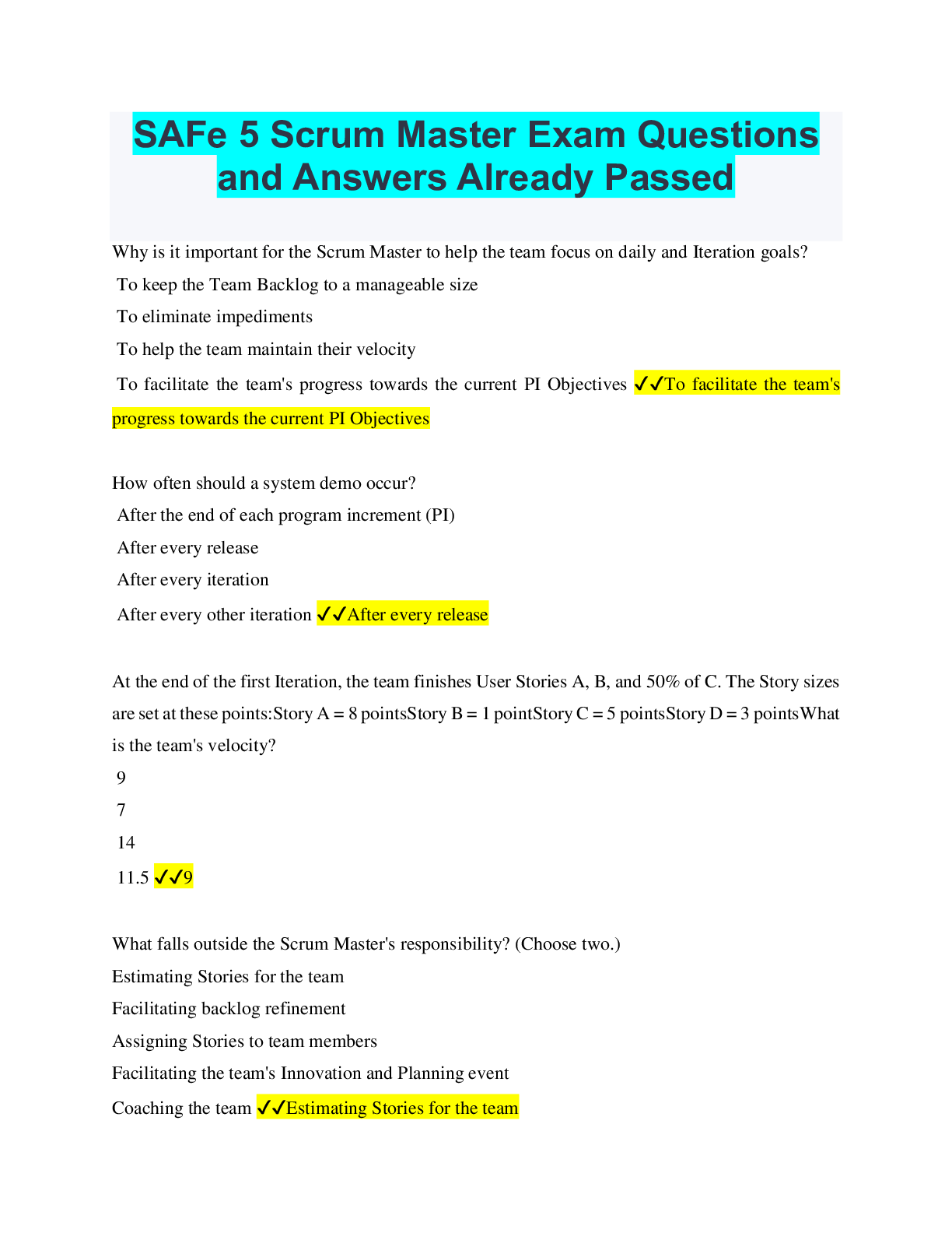 SAFe 5 Scrum Master Exam Questions and Answers Already Passed ...