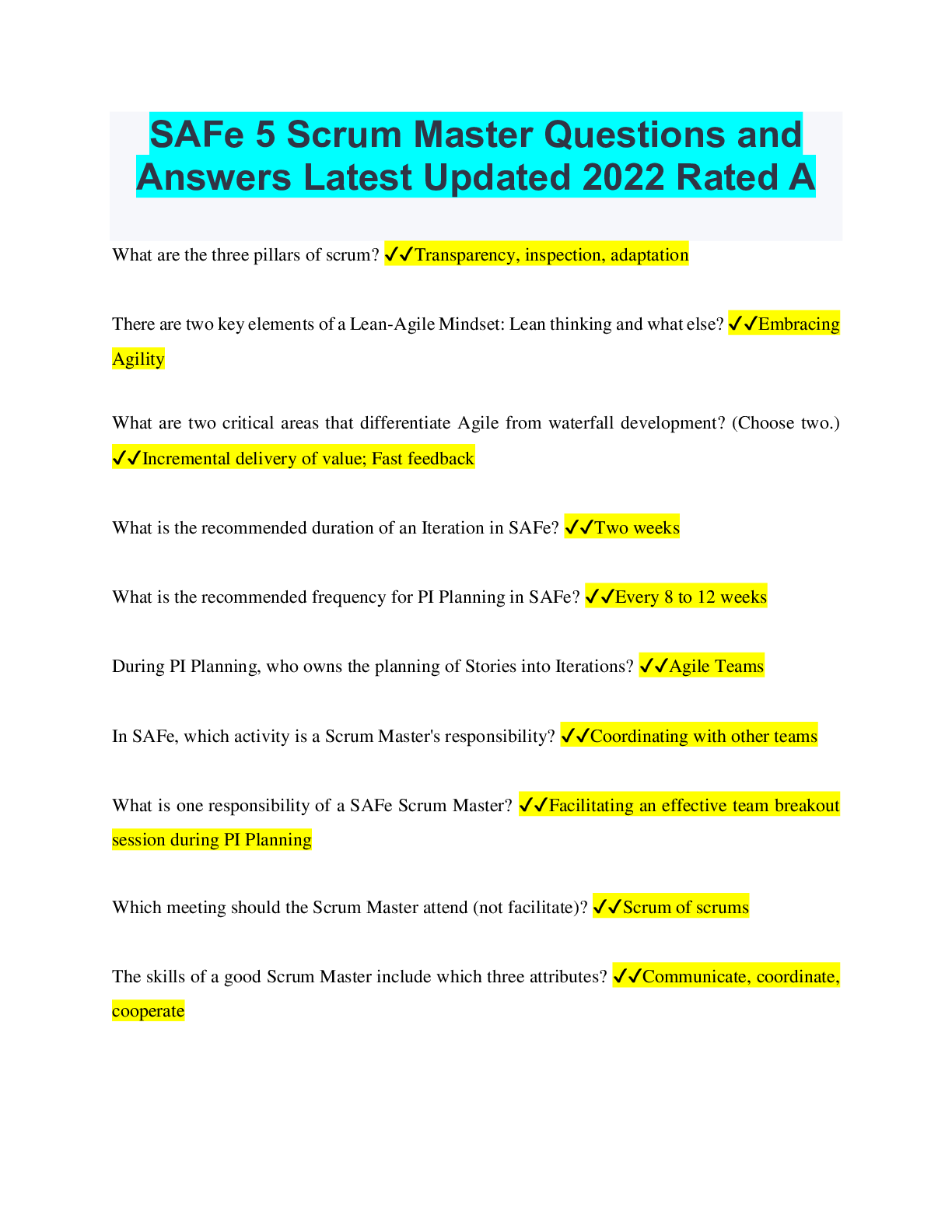 SAFe 5 Scrum Master Questions and Answers Latest Updated 2022 Rated A ...