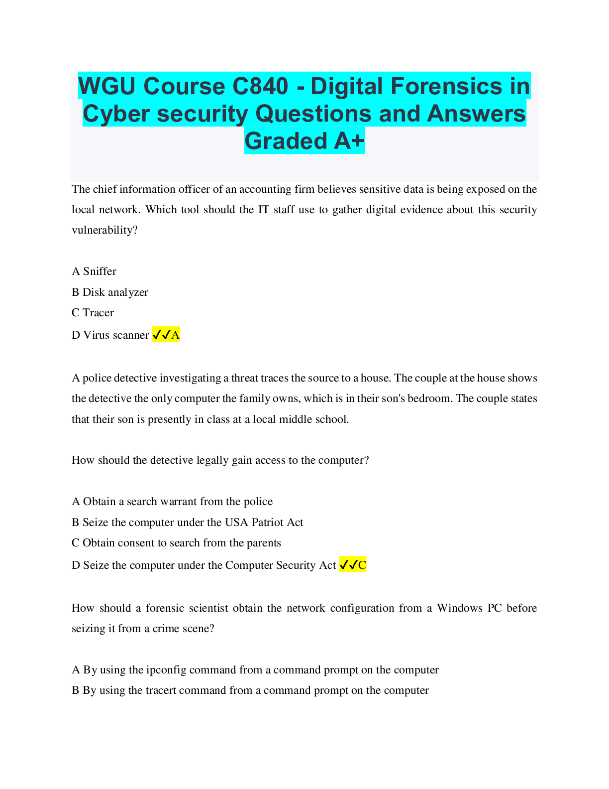 WGU Course C840 - Digital Forensics in Cyber security Questions and ...