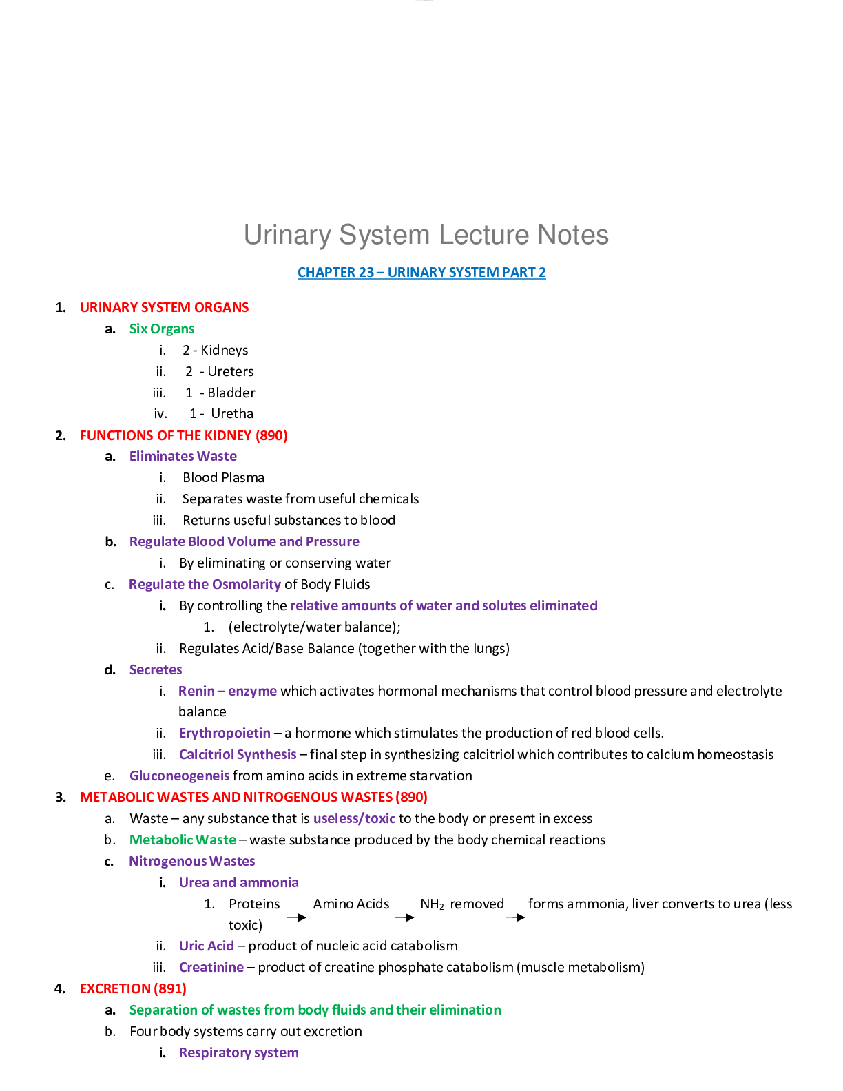 Urinary System Lecture Notes Lecture notes on the urinary system ...