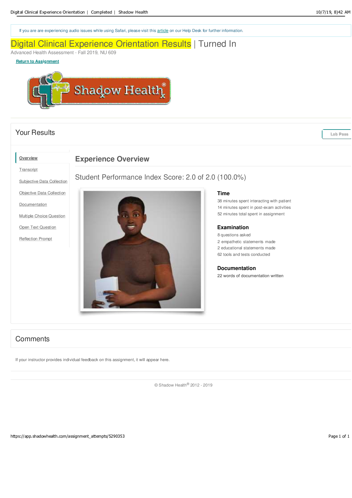 Tina Jones Digital Clinical Experience Orientation Shadow Health Week 1 ...