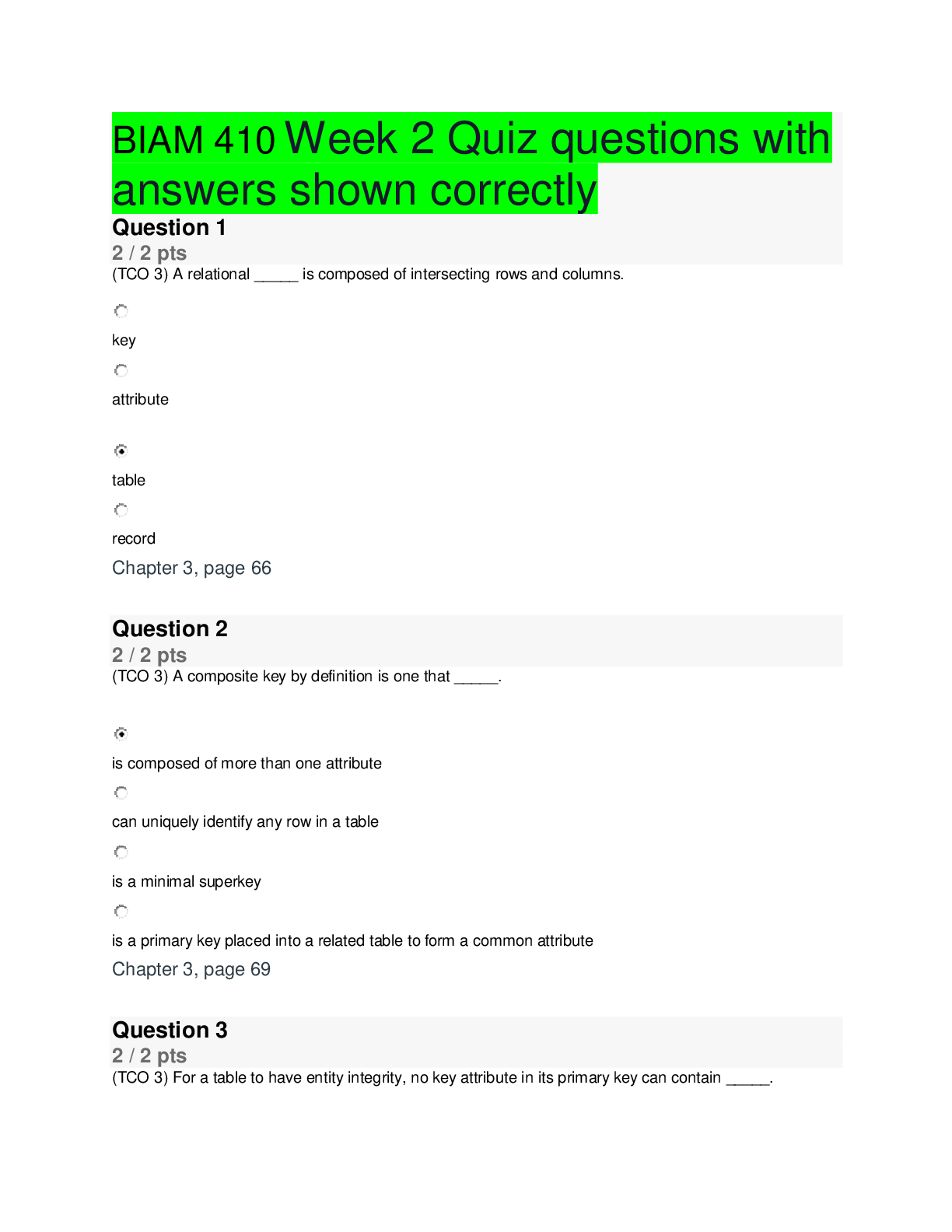 BIAM 410 Week 2 Quiz questions with answers shown correctly keller ...