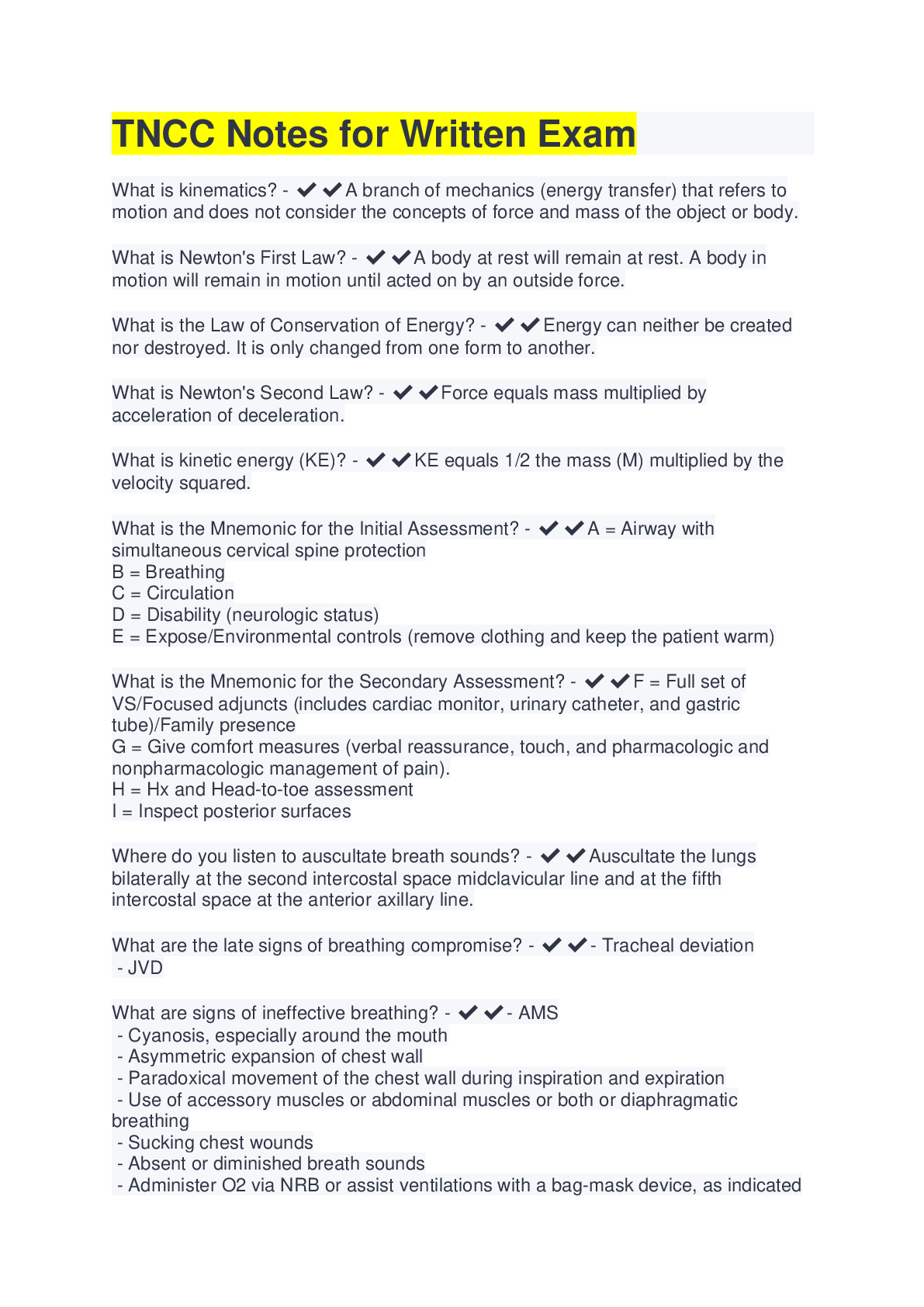 TNCC Notes for Written Exam | with 100% correct answers - Scholarfriends